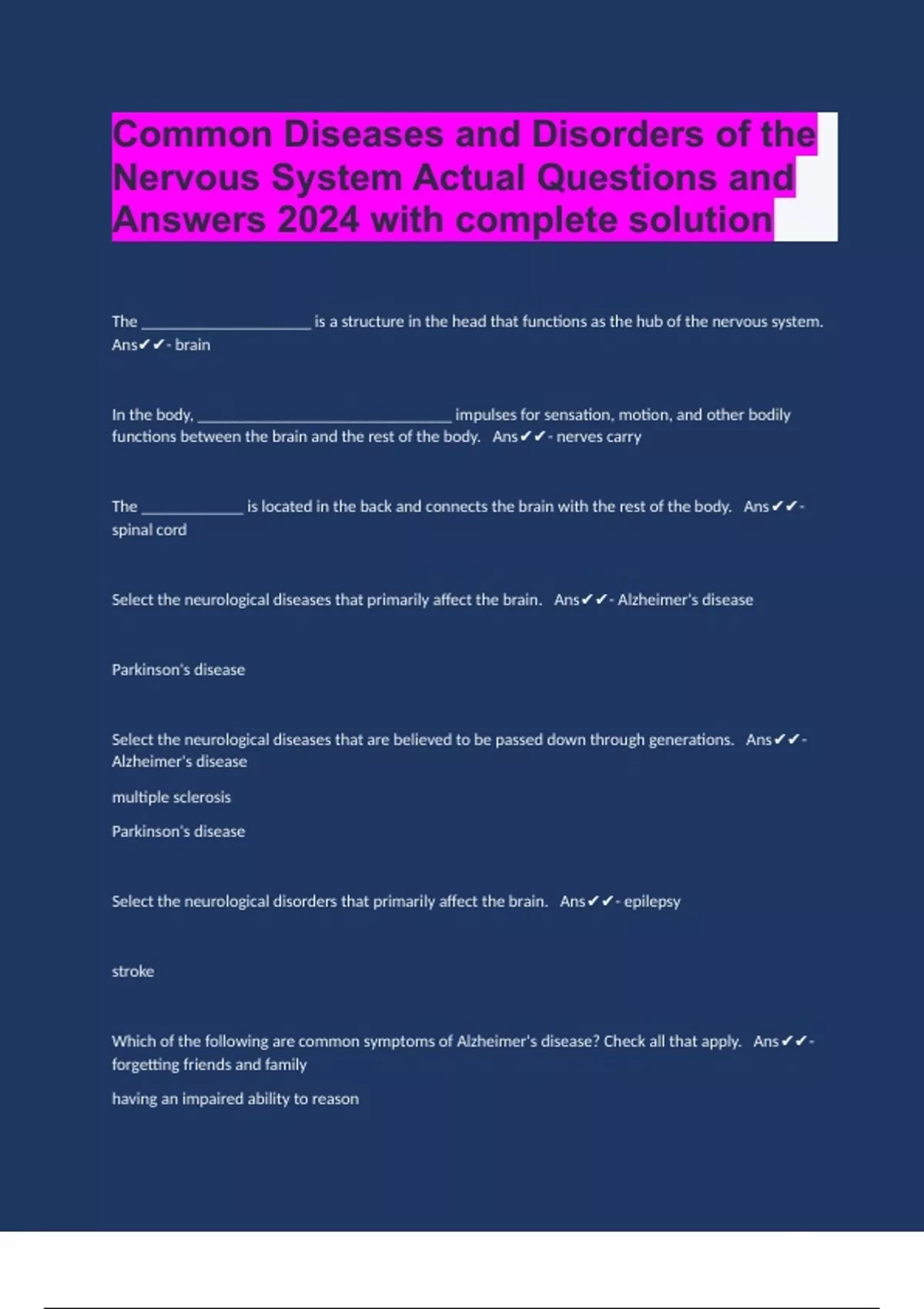 Common Diseases and Disorders of the Nervous System Actual Questions ...