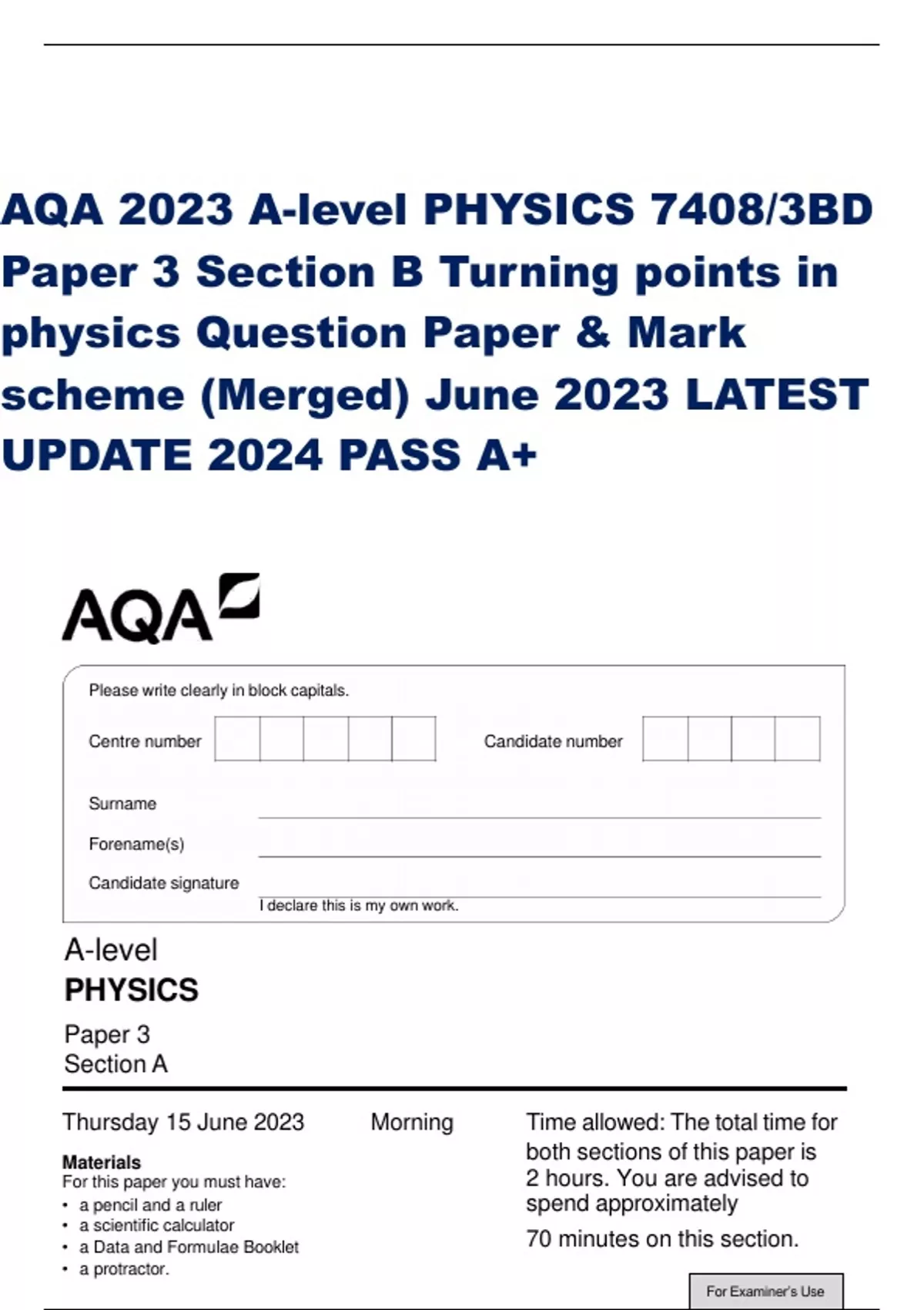 AQA 2023 A-level PHYSICS 7408/3BD Paper 3 Section B Turning points in ...