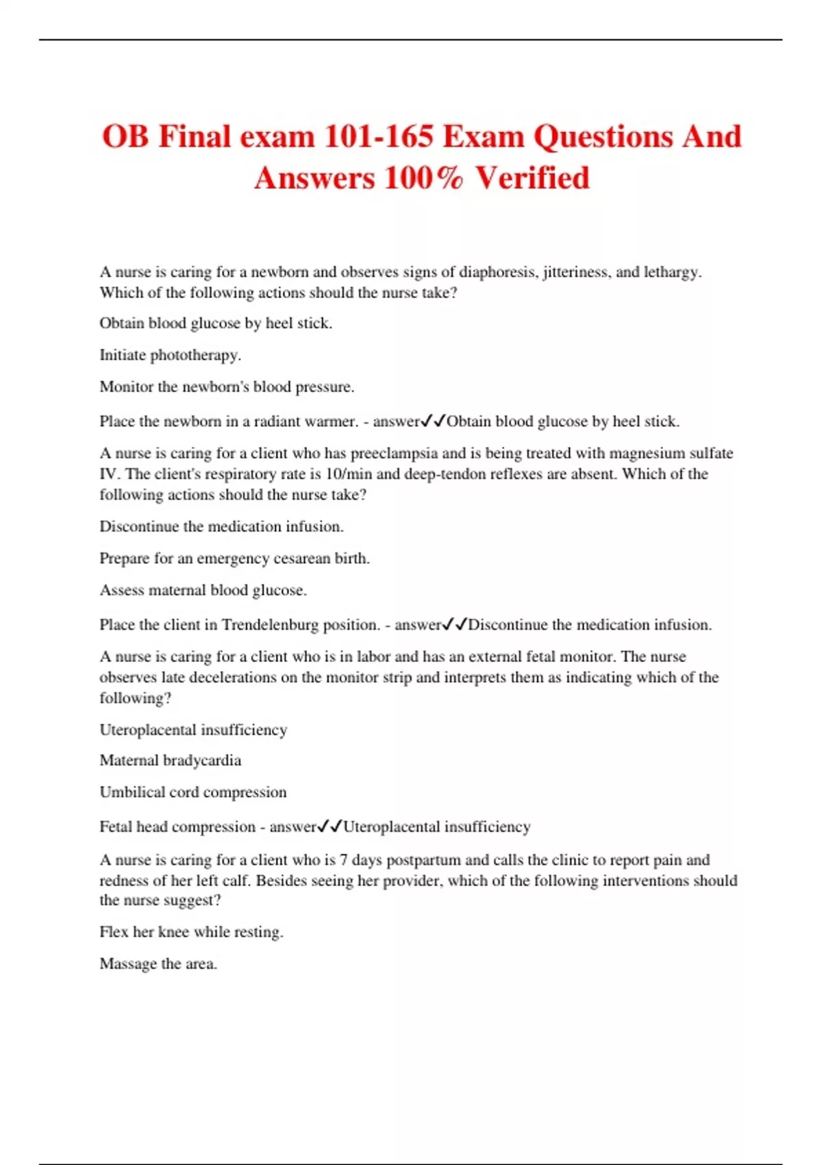 OB Final exam 101-165 Exam Questions And Answers 100% Verified - OB ...