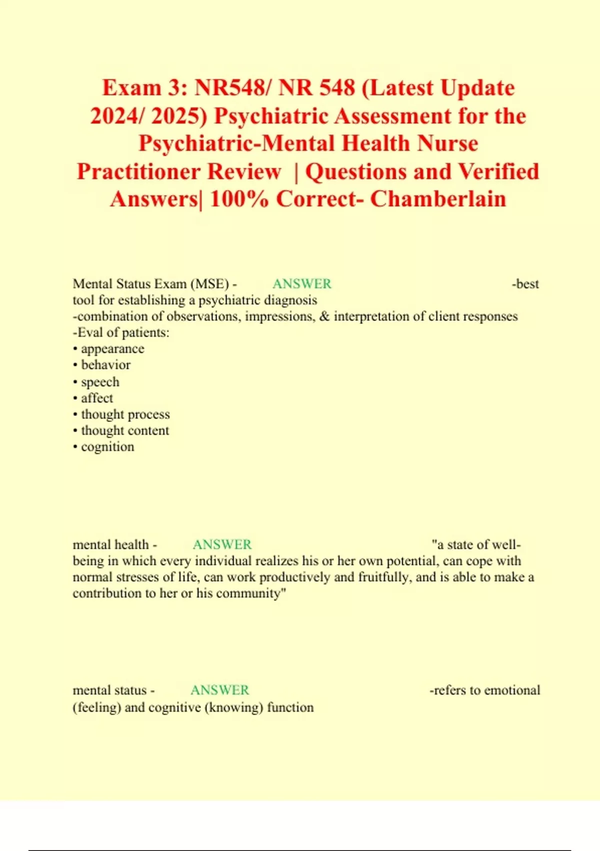 Exam 3: NR548/ NR 548 (Latest Update 2024/ 2025) Psychiatric Assessment ...