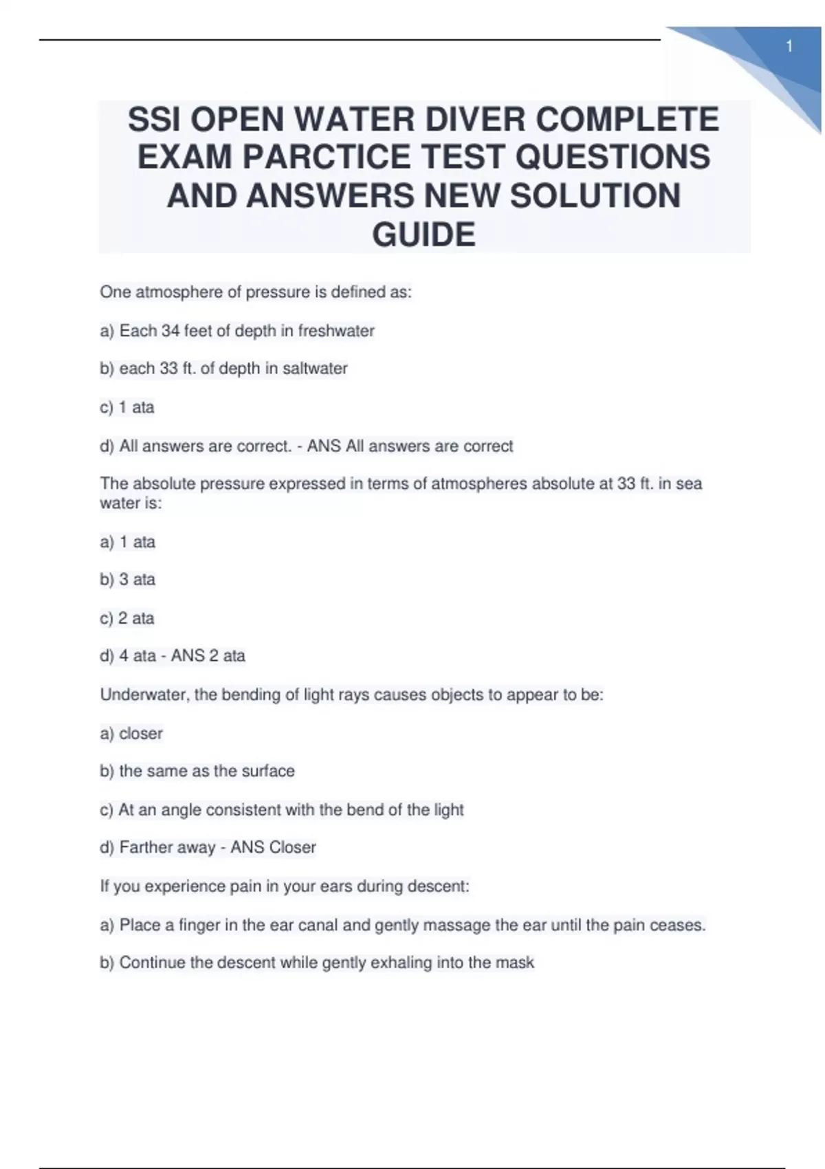 SSI OPEN WATER DIVER COMPLETE EXAM PARCTICE TEST QUESTIONS AND ANSWERS ...