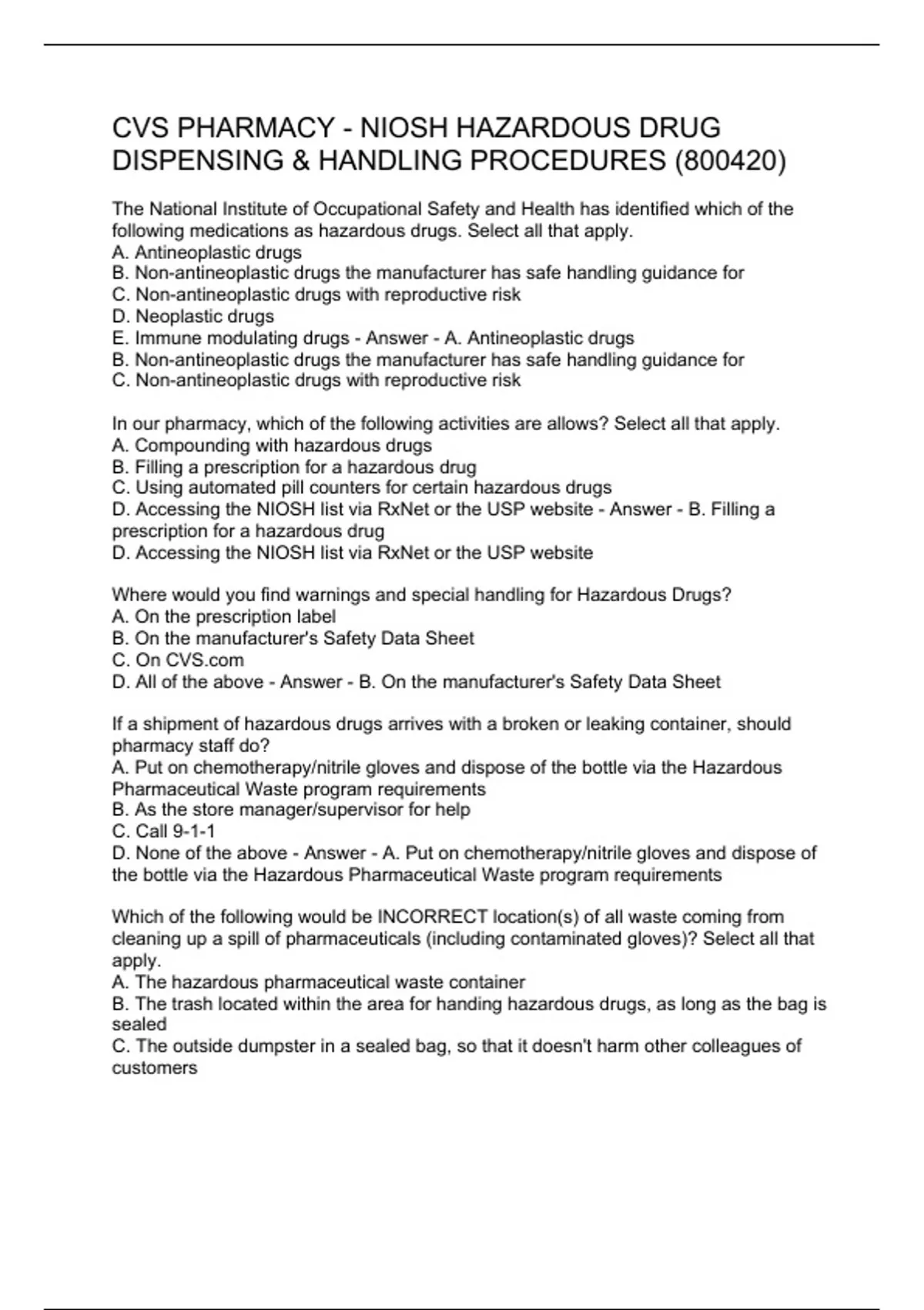CVS PHARMACY - NIOSH HAZARDOUS DRUG DISPENSING & HANDLING PROCEDURES ...