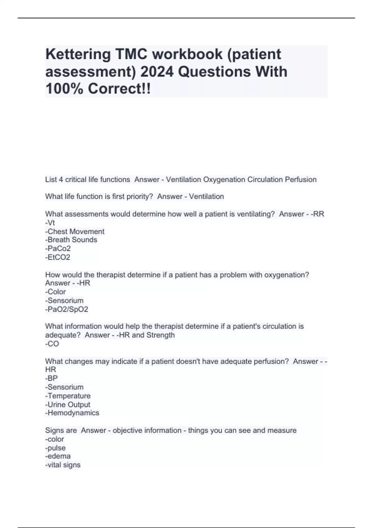 Kettering TMC workbook (patient assessment) 2024 Questions With 100% ...