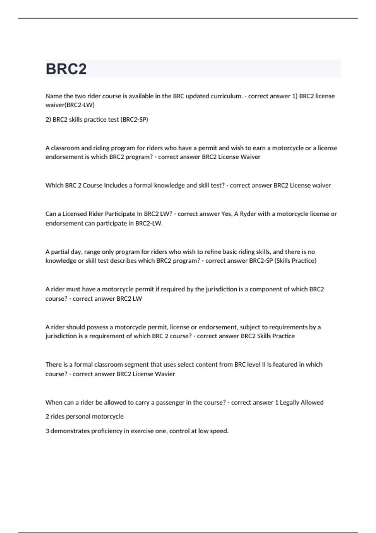 BRC2 questions with correct answers 2024/2025 - MSF RiderCoach - Stuvia US