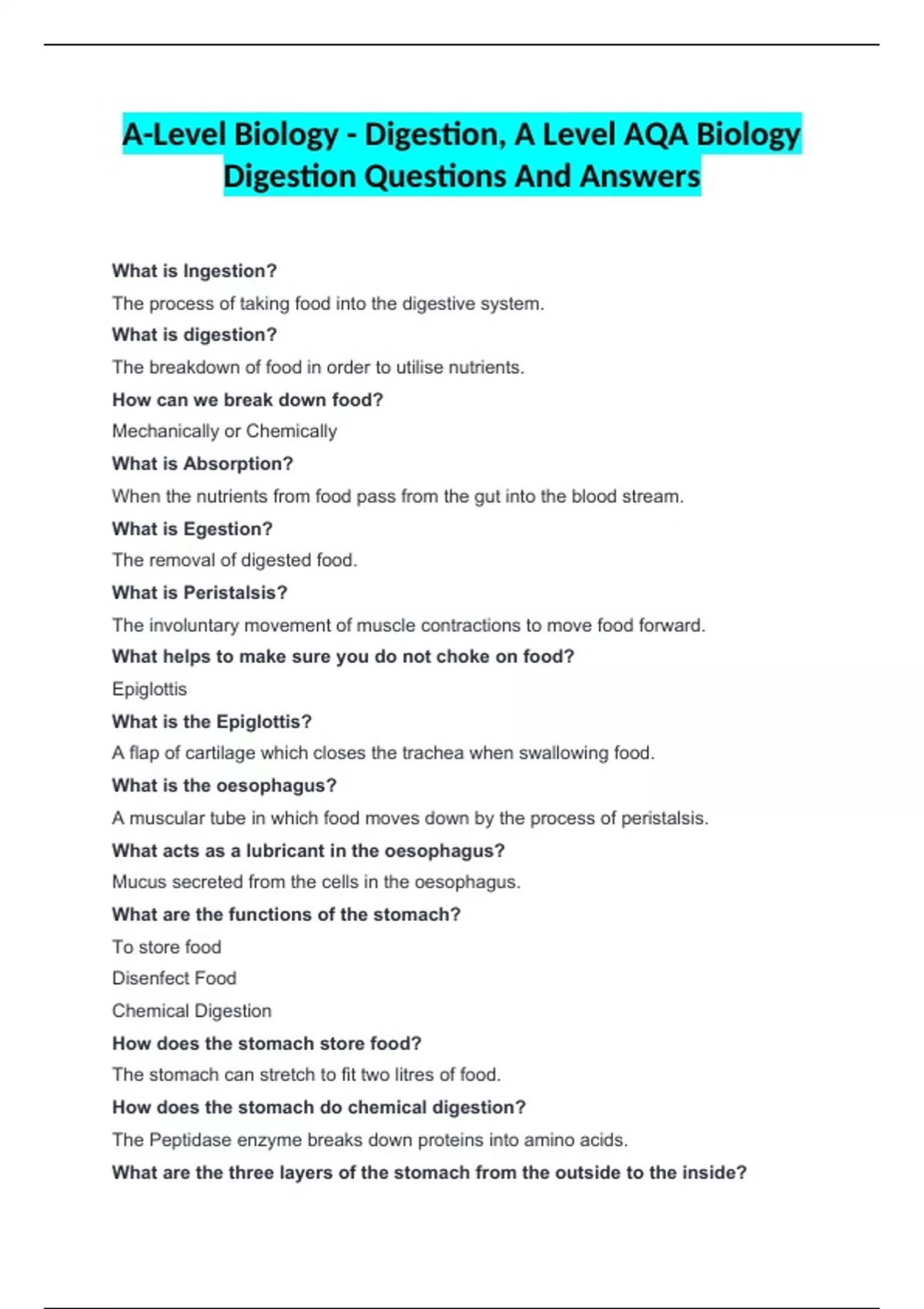 A-Level Biology - Digestion, A Level AQA Biology Digestion Questions ...