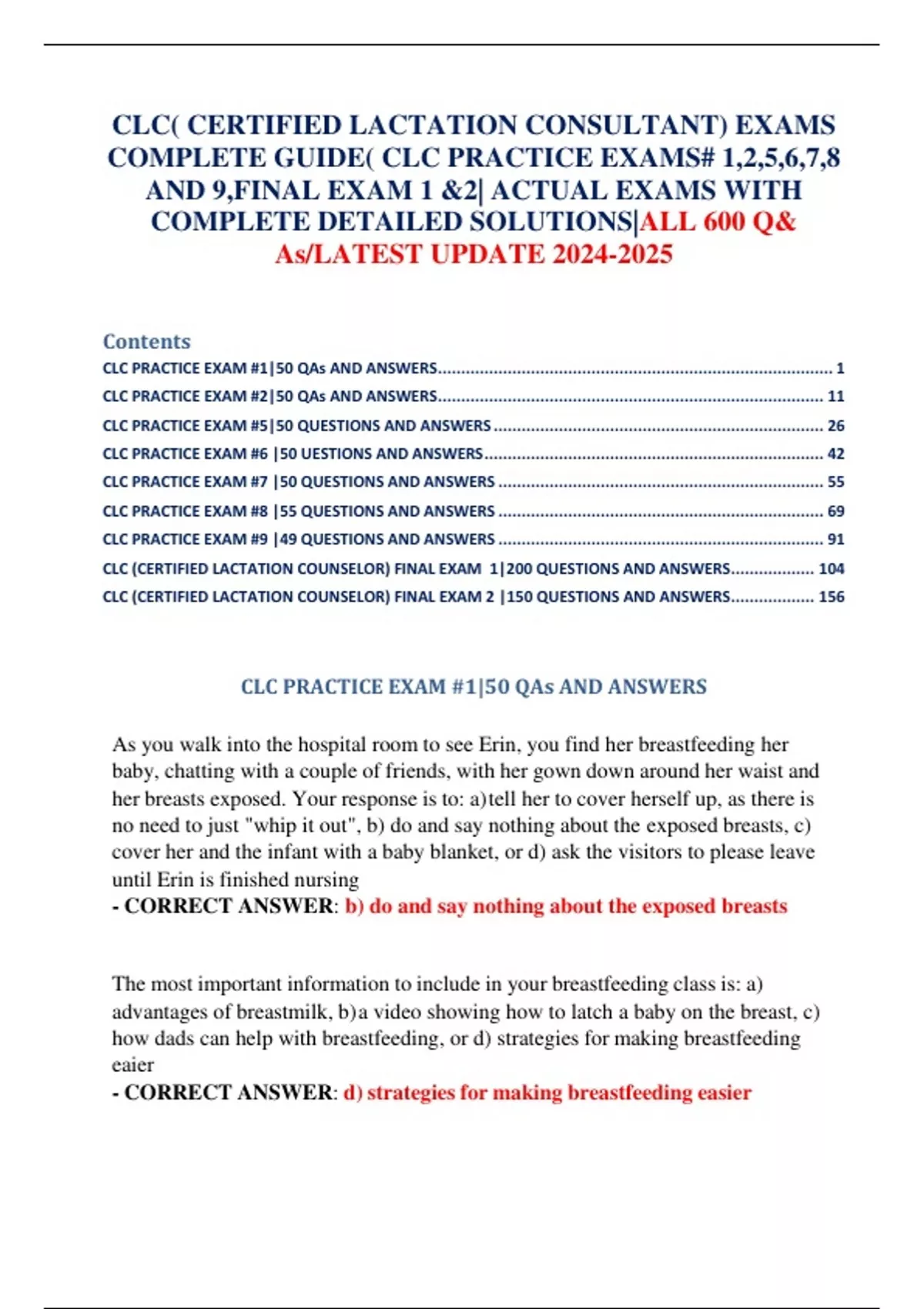 CLC( CERTIFIED LACTATION CONSULTANT) EXAMS COMPLETE GUIDE( CLC PRACTICE EXAMS# 1,2,5,6,7,8 AND 9 ...