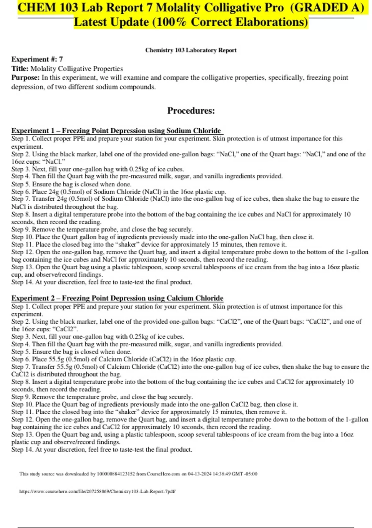 CHEM 103 Lab Report 7 Molality Colligative Pro (GRADED A) Latest Update ...