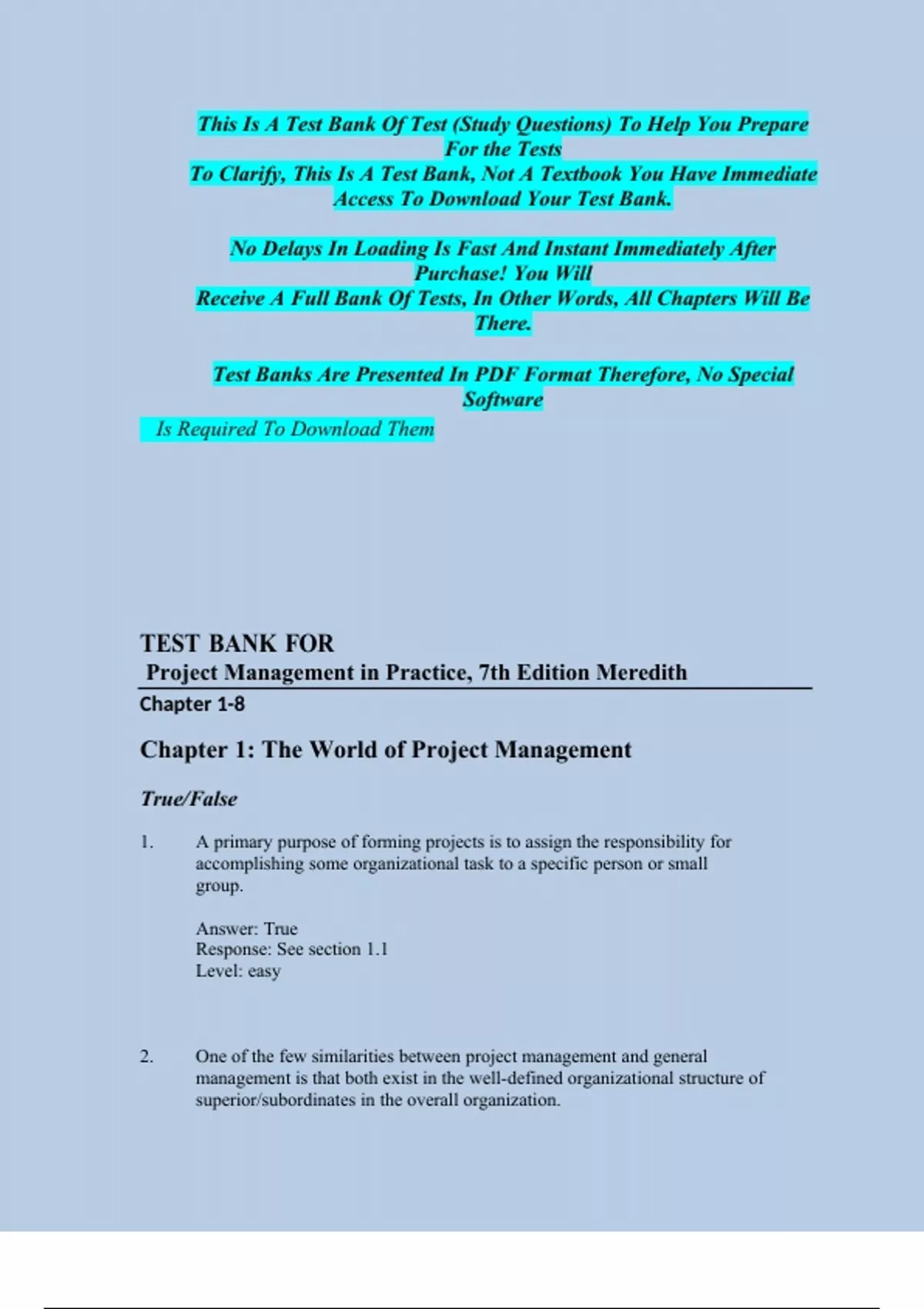 TEST BANK For Project Management in Practice, 7th Edition by Jack R ...
