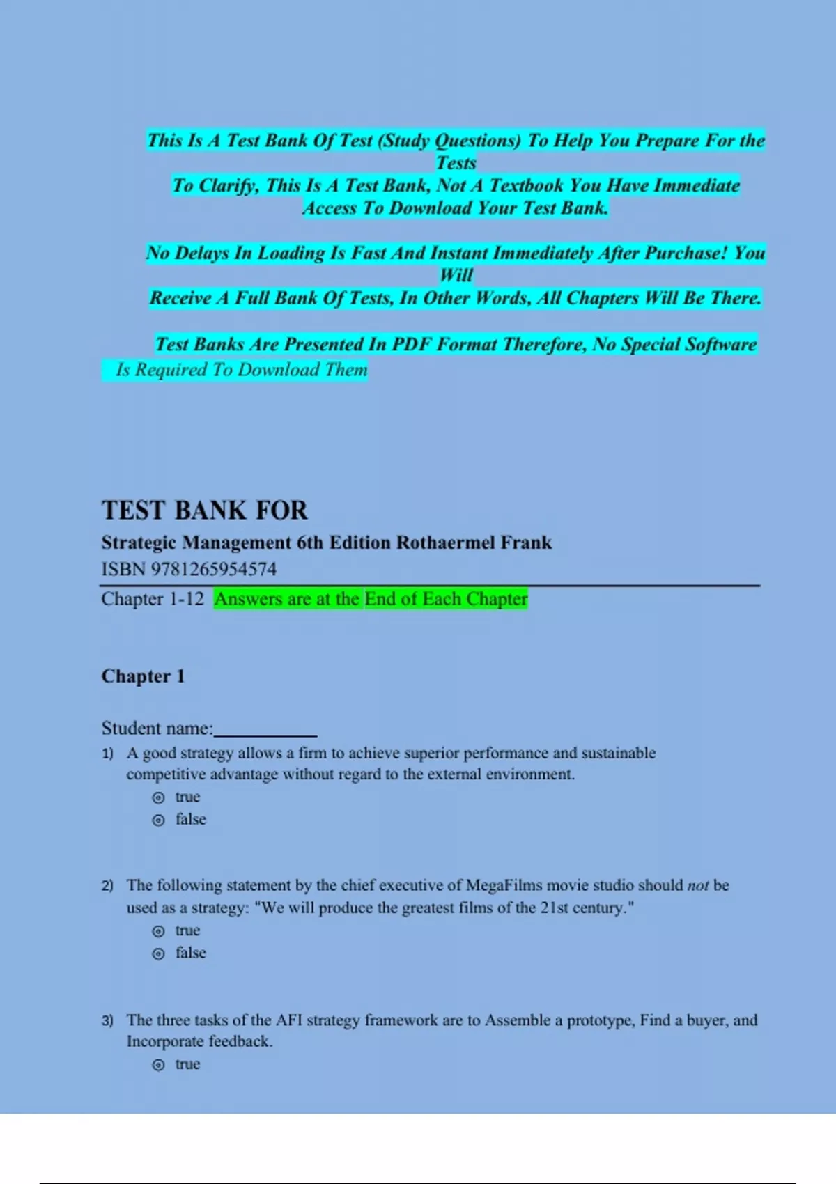 TEST BANK For Strategic Management, 6th Edition 2024 By Rothaermel ...