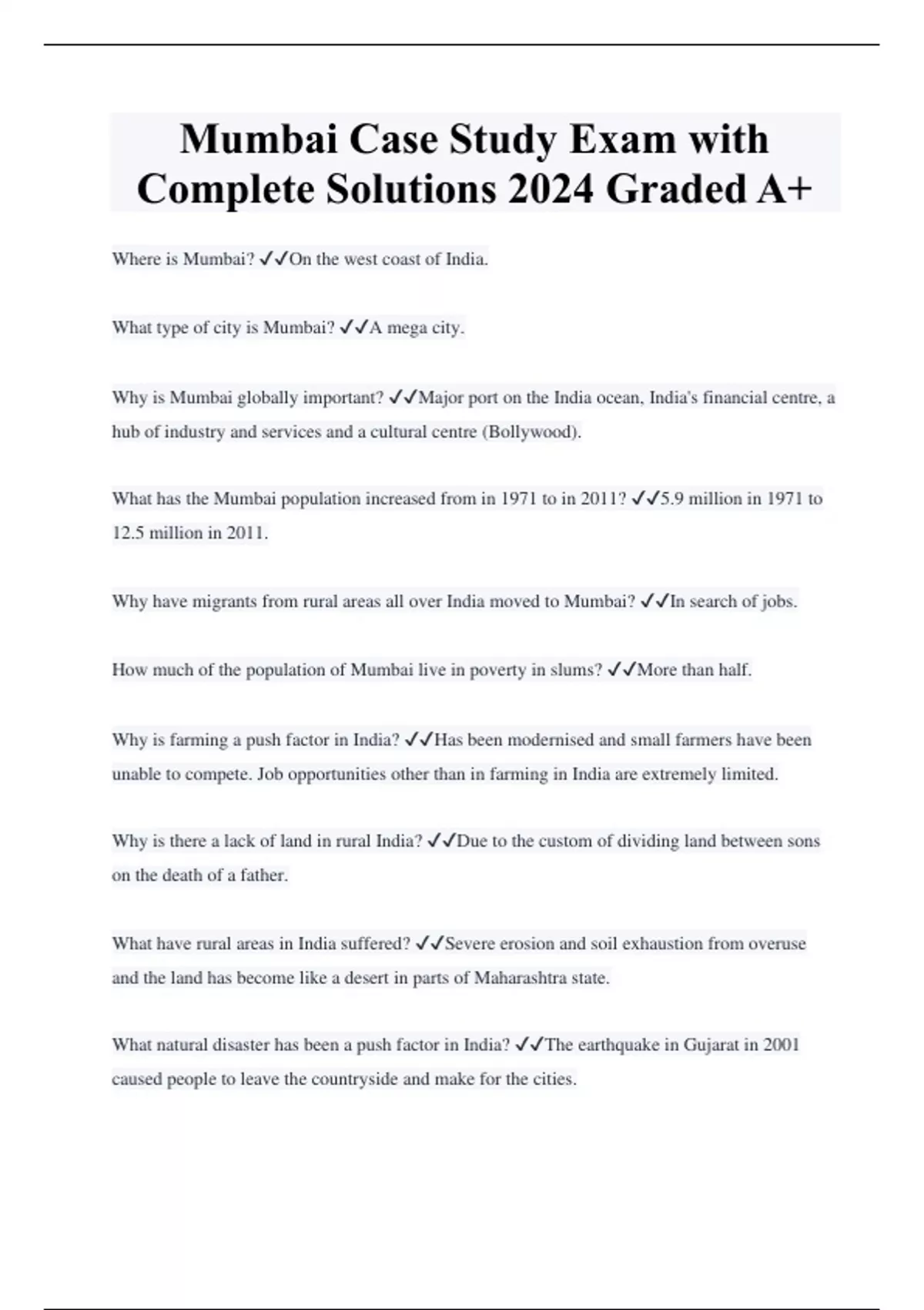 Mumbai Case Study Exam with Complete Solutions 2024 Graded A+ - Mumbai ...