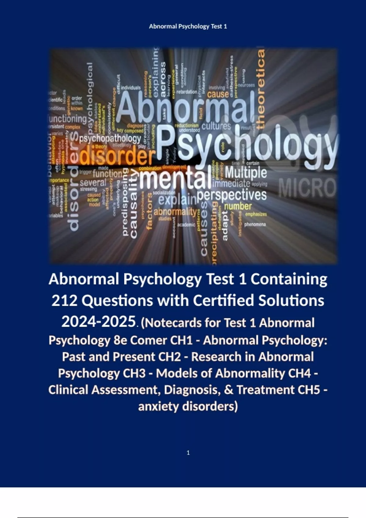 Abnormal Psychology Test 1 Containing 212 Questions with Certified ...