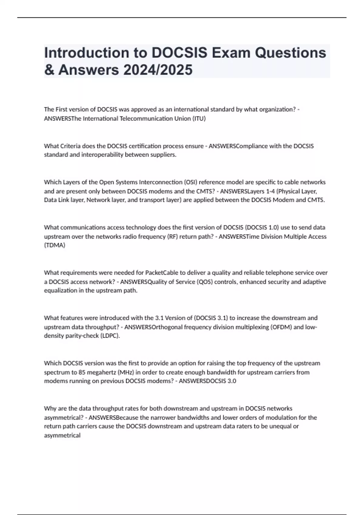 Introduction to DOCSIS Exam Questions & Answers 2024/2025 - Introduction to DO - Stuvia US