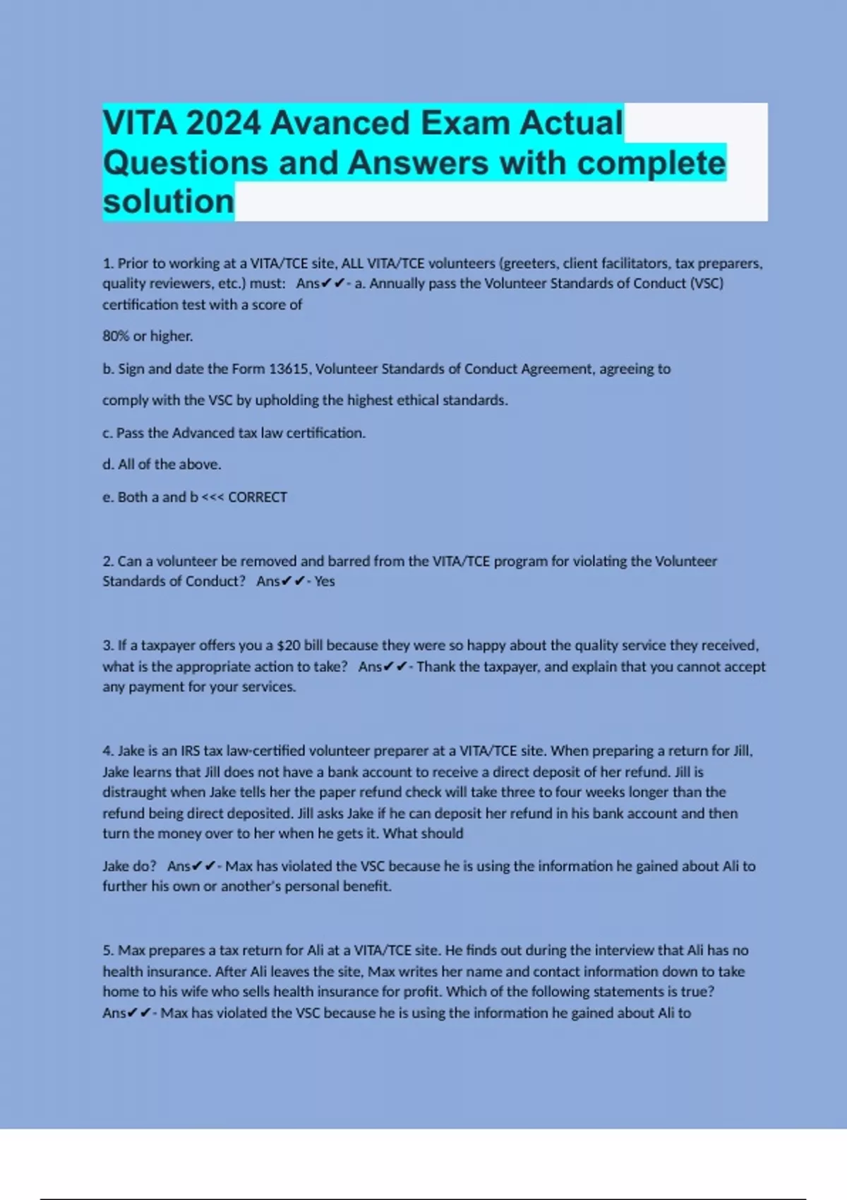 VITA 2024 Avanced Exam Actual Questions and Answers with complete ...