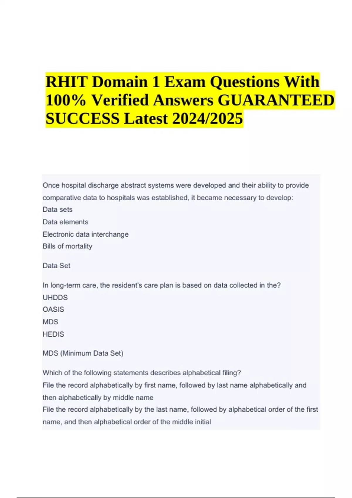 RHIT Domain 1 Exam Questions With 100% Verified Answers Latest 2024/ ...