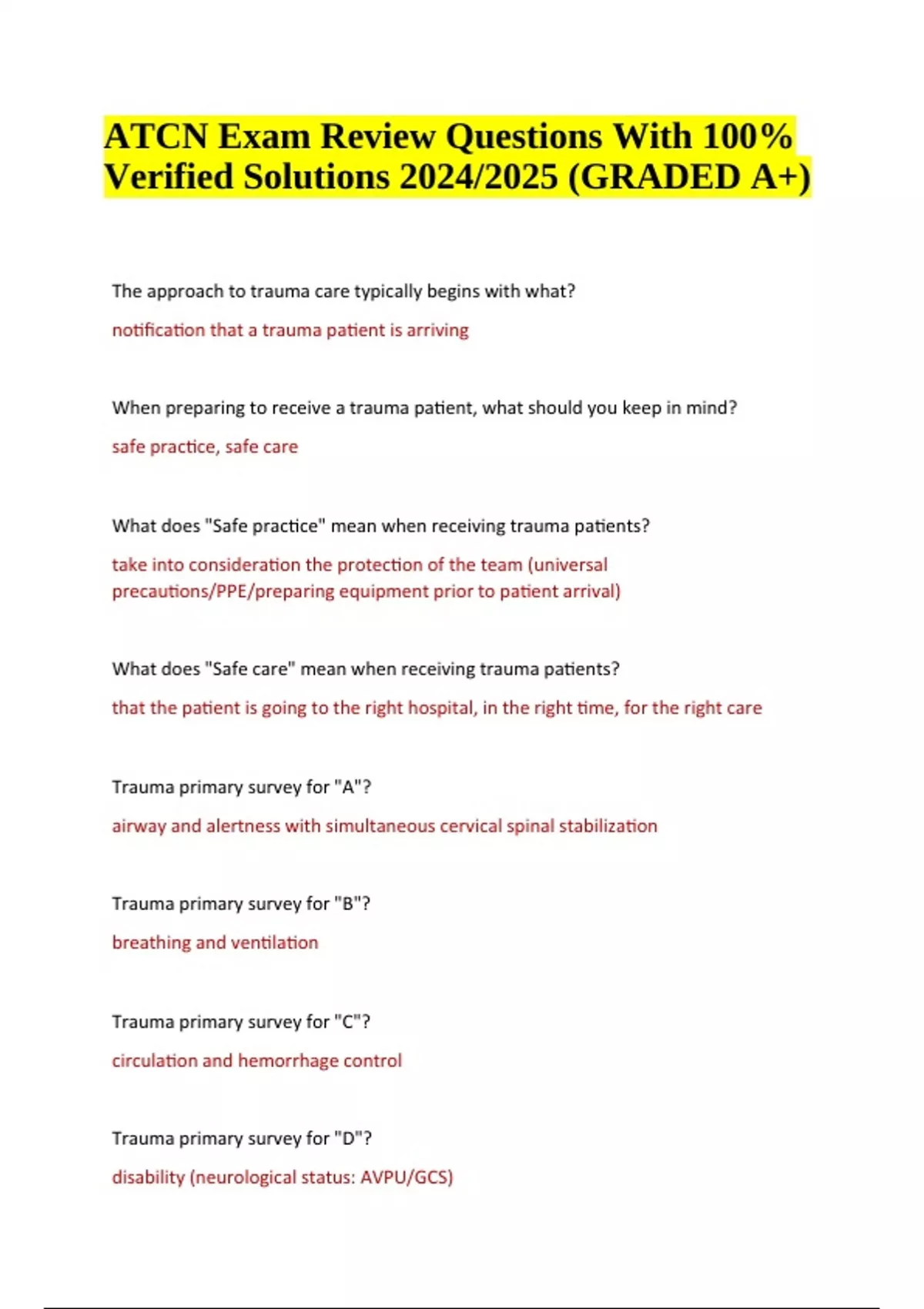 ATCN Exam Questions With 100 Verified Answers Updated 2024 2025