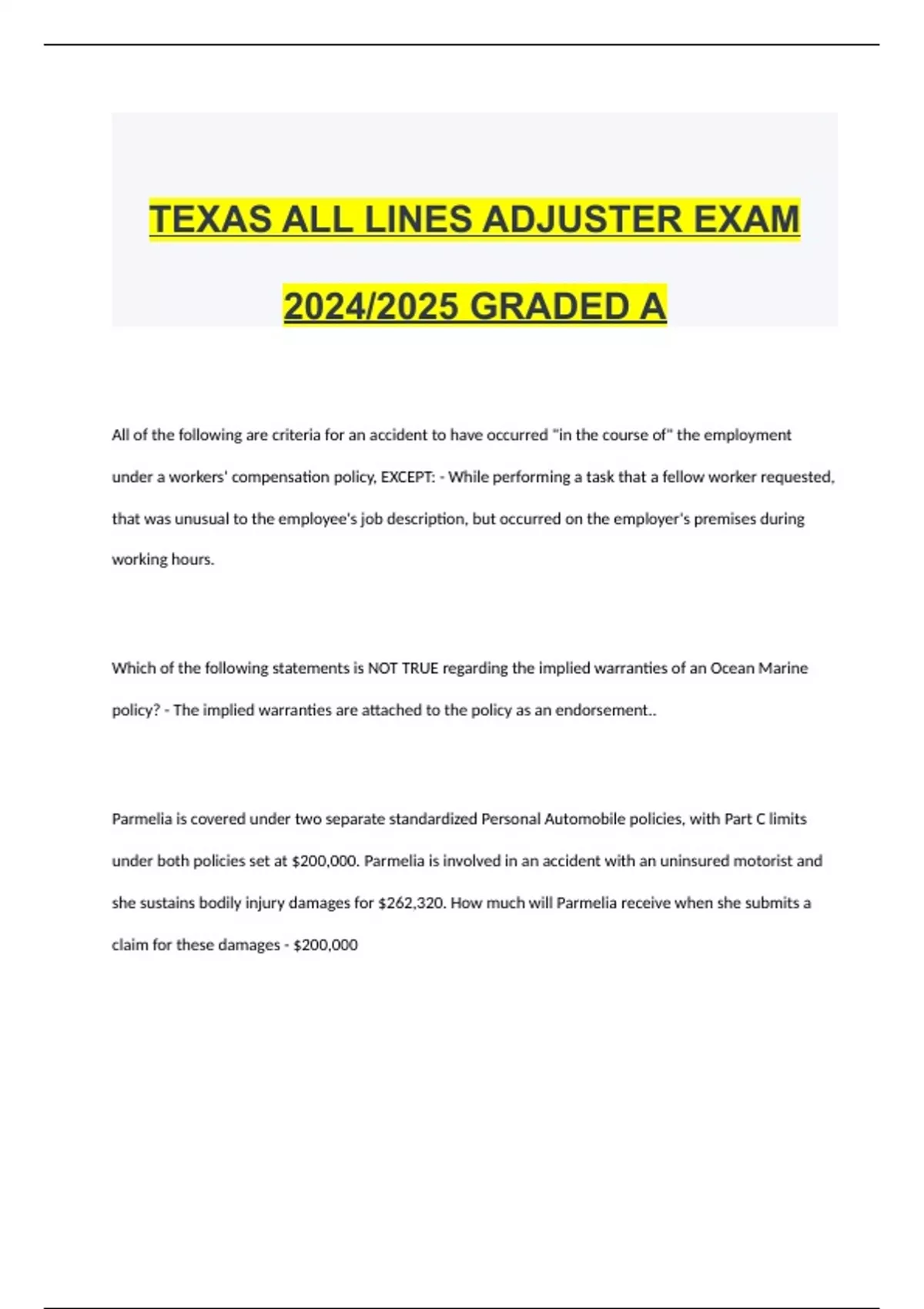 TEXAS ALL LINES ADJUSTER EXAM 2024/2025 GRADED A - Texas all lines ...