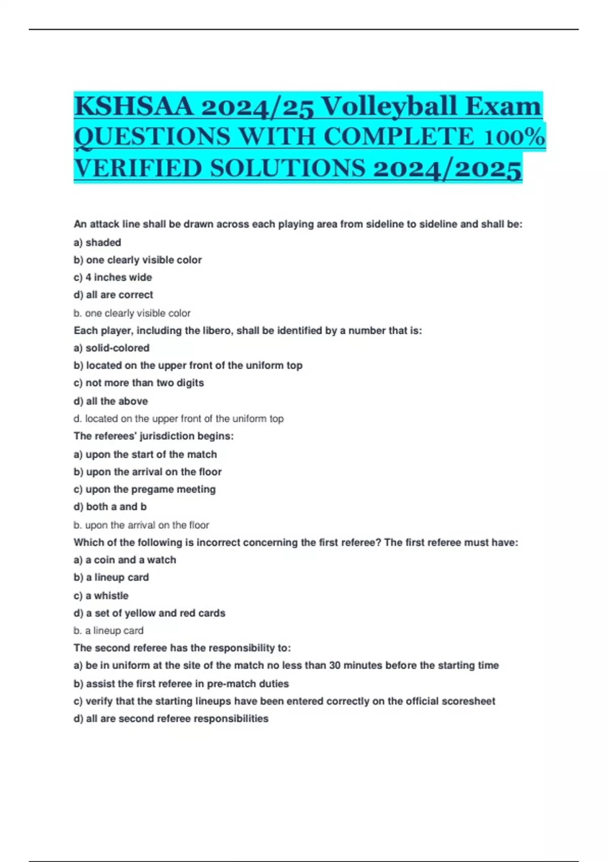 KSHSAA 2024/25 Volleyball Exam QUESTIONS WITH COMPLETE 100% VERIFIED ...