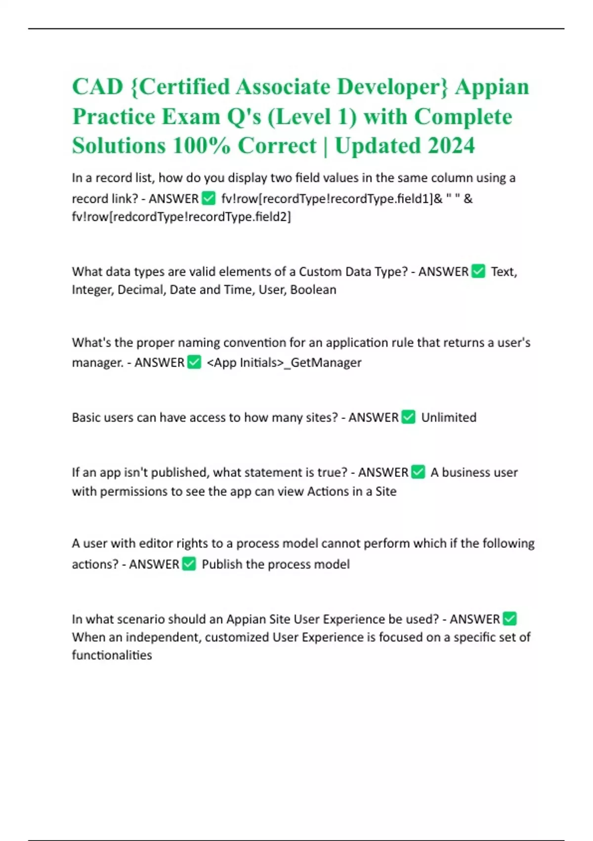 CAD {Certified Associate Developer} Appian Practice Exam Q's (Level 1) with Complete Solutions ...