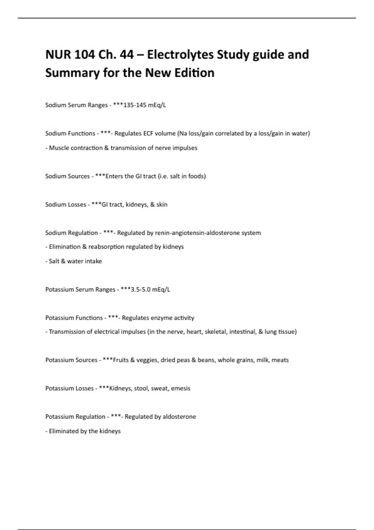 NUR 104 Ch. 44 – Electrolytes Study guide and Summary for the New ...