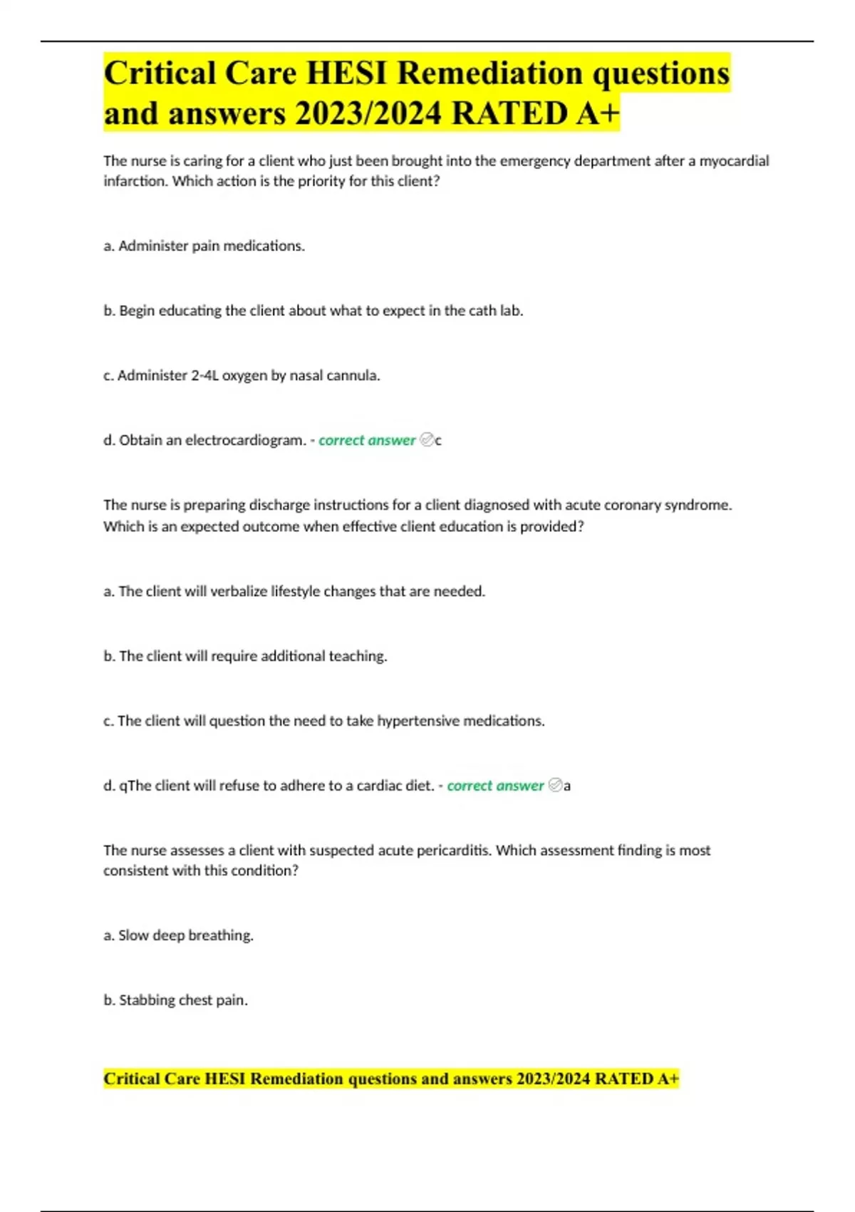 Critical Care HESI Remediation questions and answers 2023/2024 RATED A+ ...