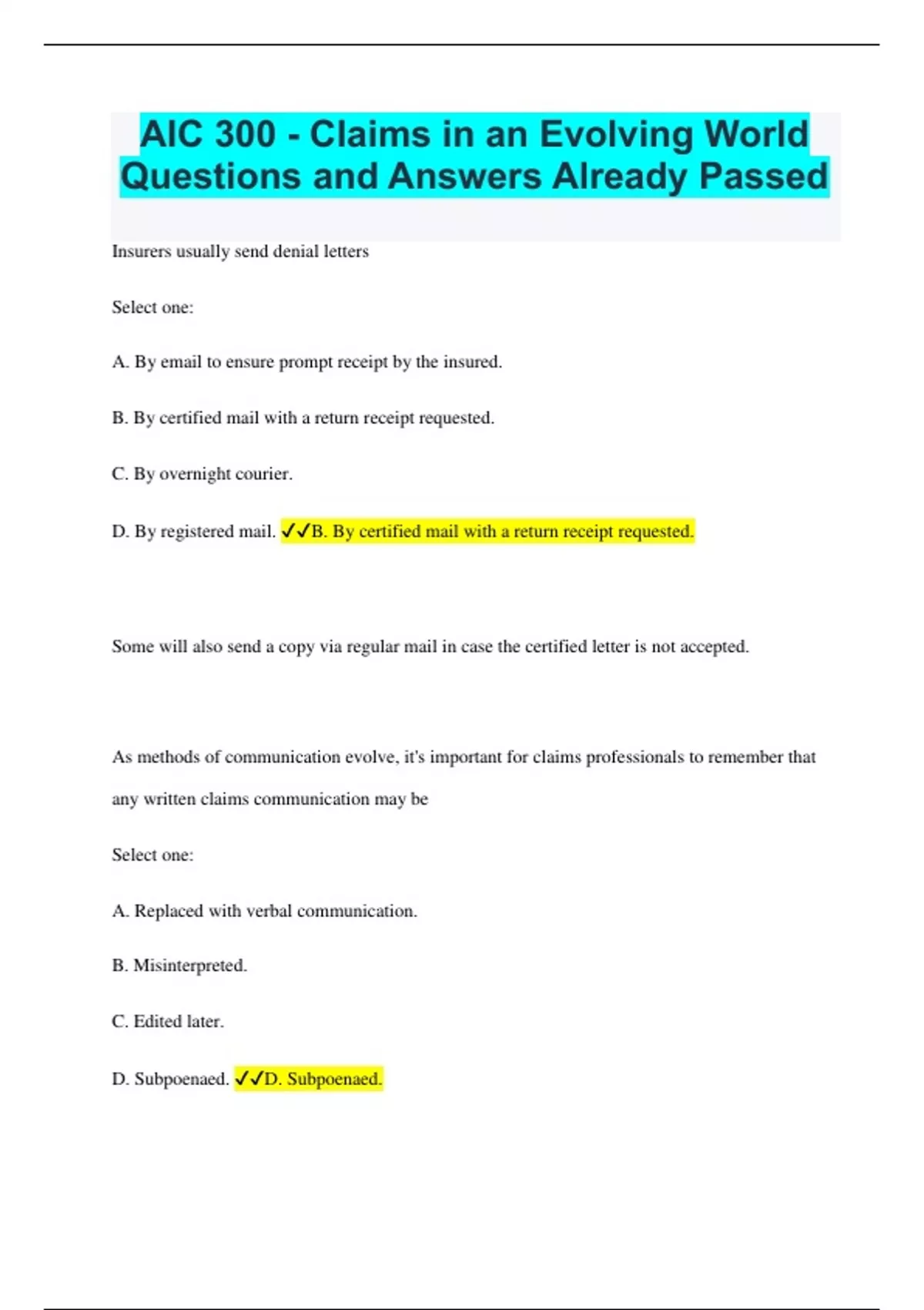 AIC 300 - Claims in an Evolving World Questions and Answers Already ...