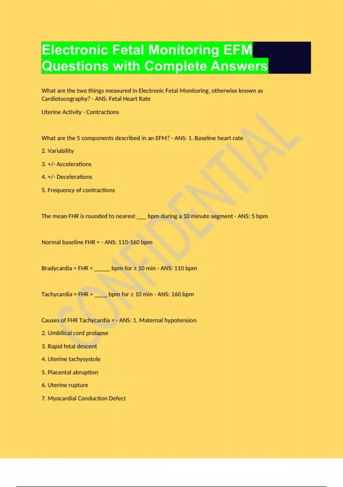 Electronic Fetal Monitoring EFM Questions with Complete Answers - Ncc efm - Stuvia US