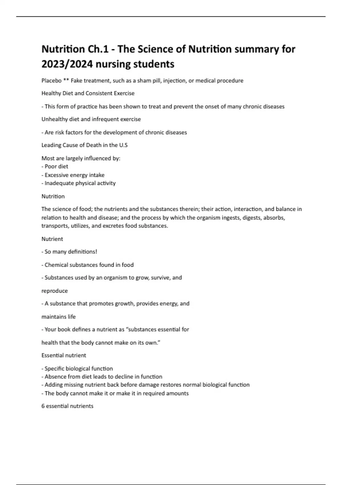 Nutrition Ch.1 - The Science of Nutrition summary for 2023/2024 nursing ...