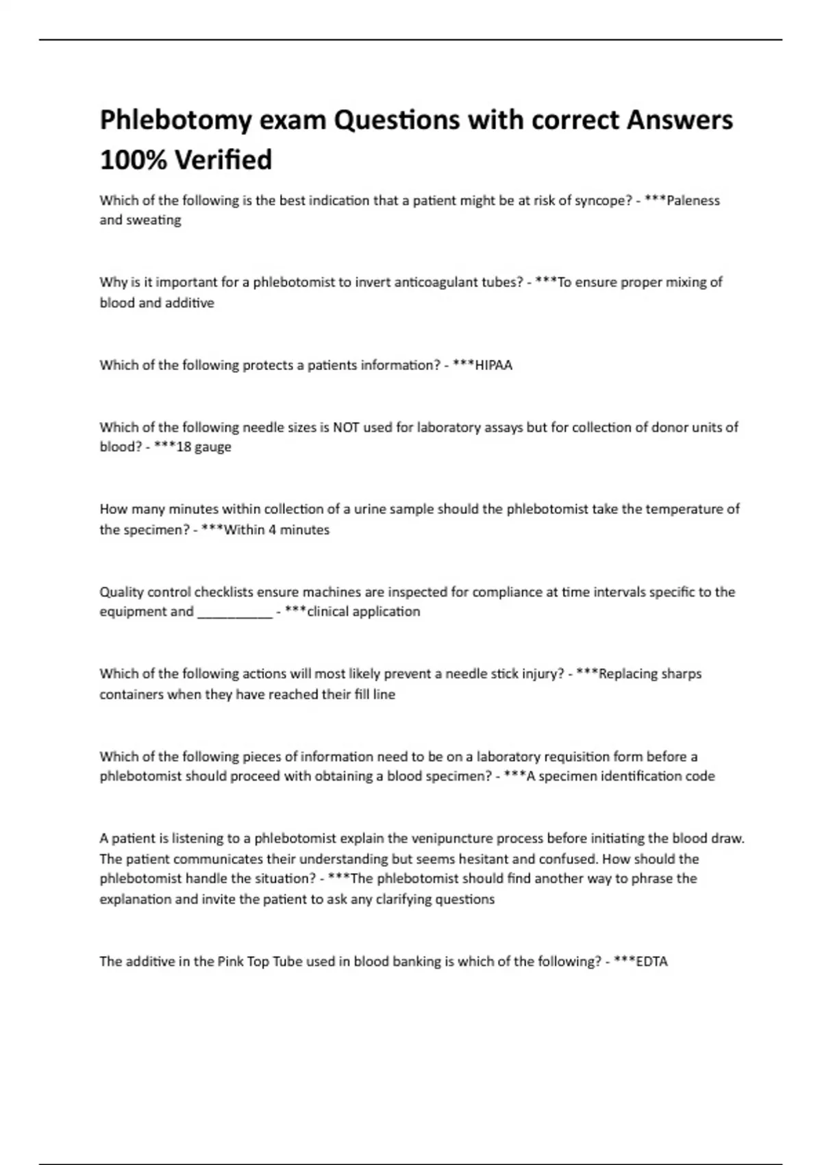 Phlebotomy exam Questions with correct Answers 100% Verified ...