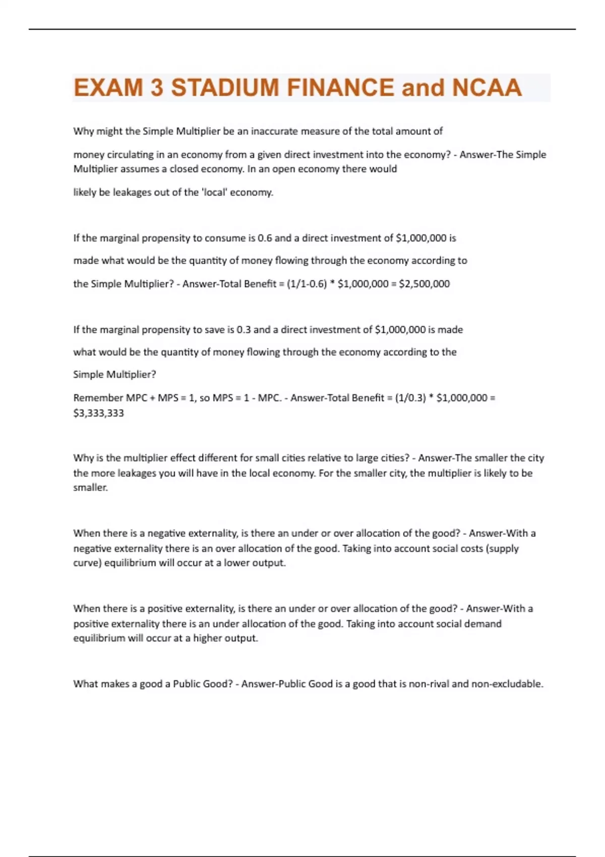 EXAM 3 STADIUM FINANCE and NCAA QUESTIONS AND ANSWERS - STADIUM FINANCE ...