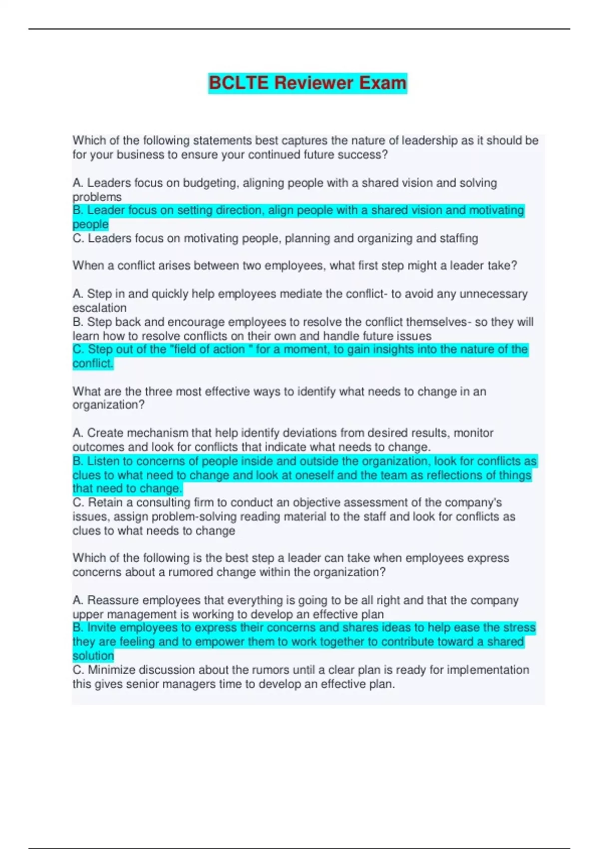 2024 BCLTE Reviewer Exam - Questions and Answers - BCLTE - Stuvia US