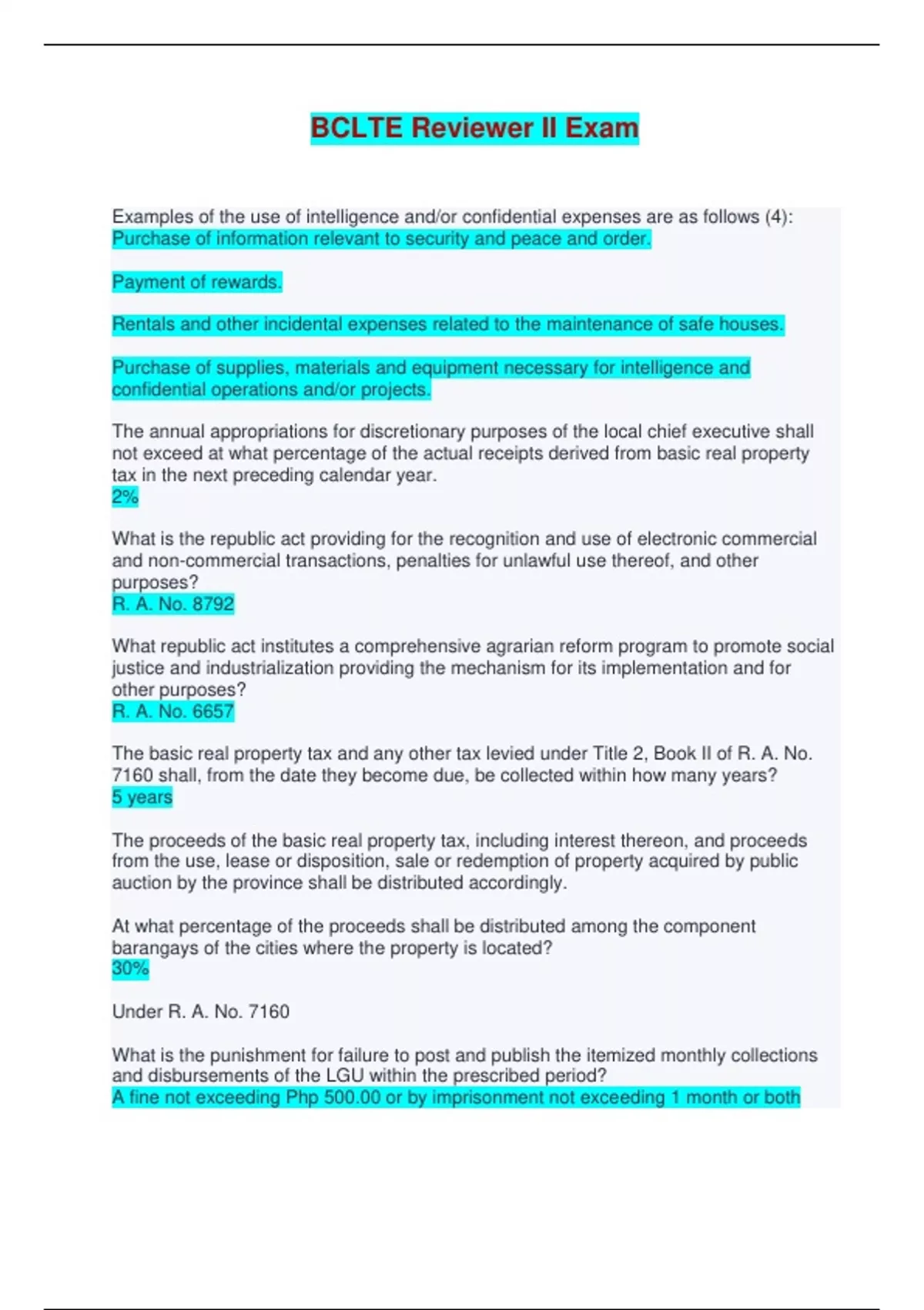 2024 BCLTE Reviewer II Exam - Questions and Answers - BCLTE - Stuvia US