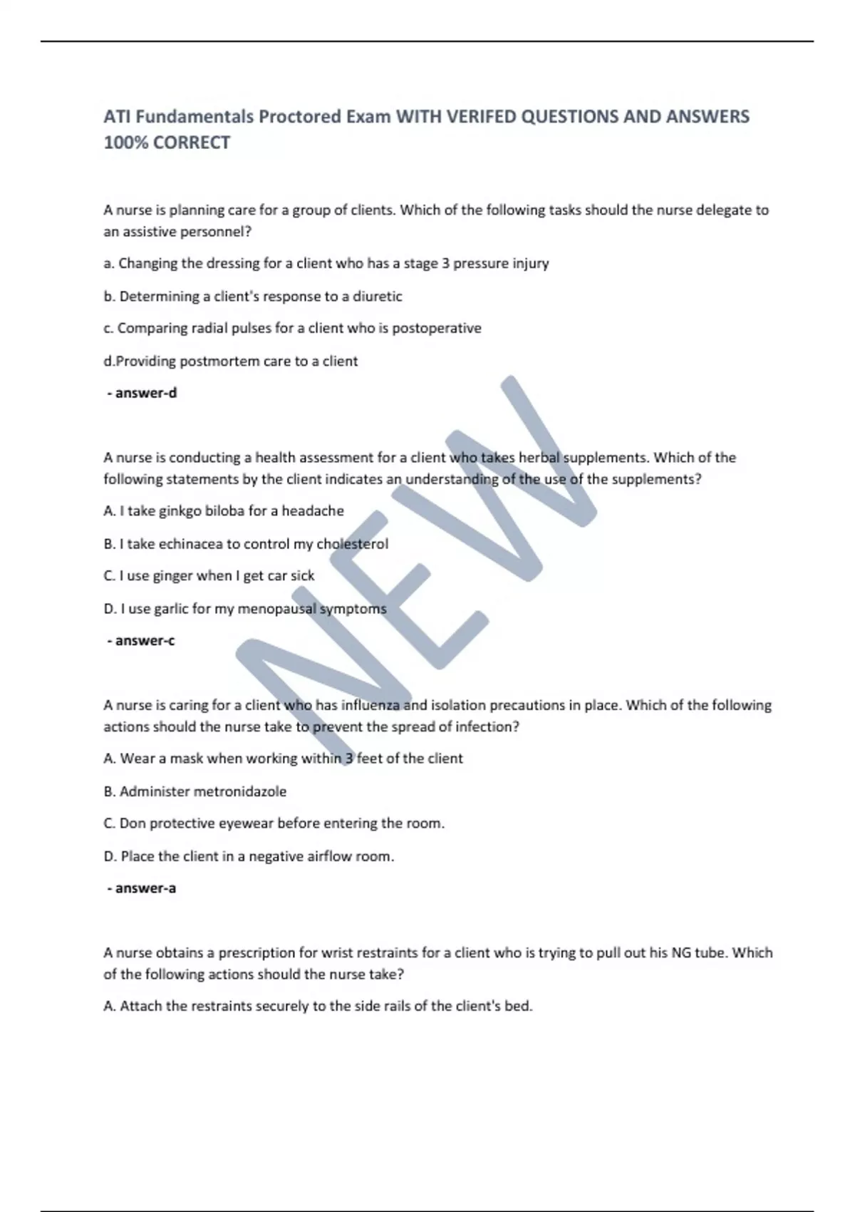 ATI Fundamentals Proctored Exam WITH VERIFED QUESTIONS AND ANSWERS 100% ...