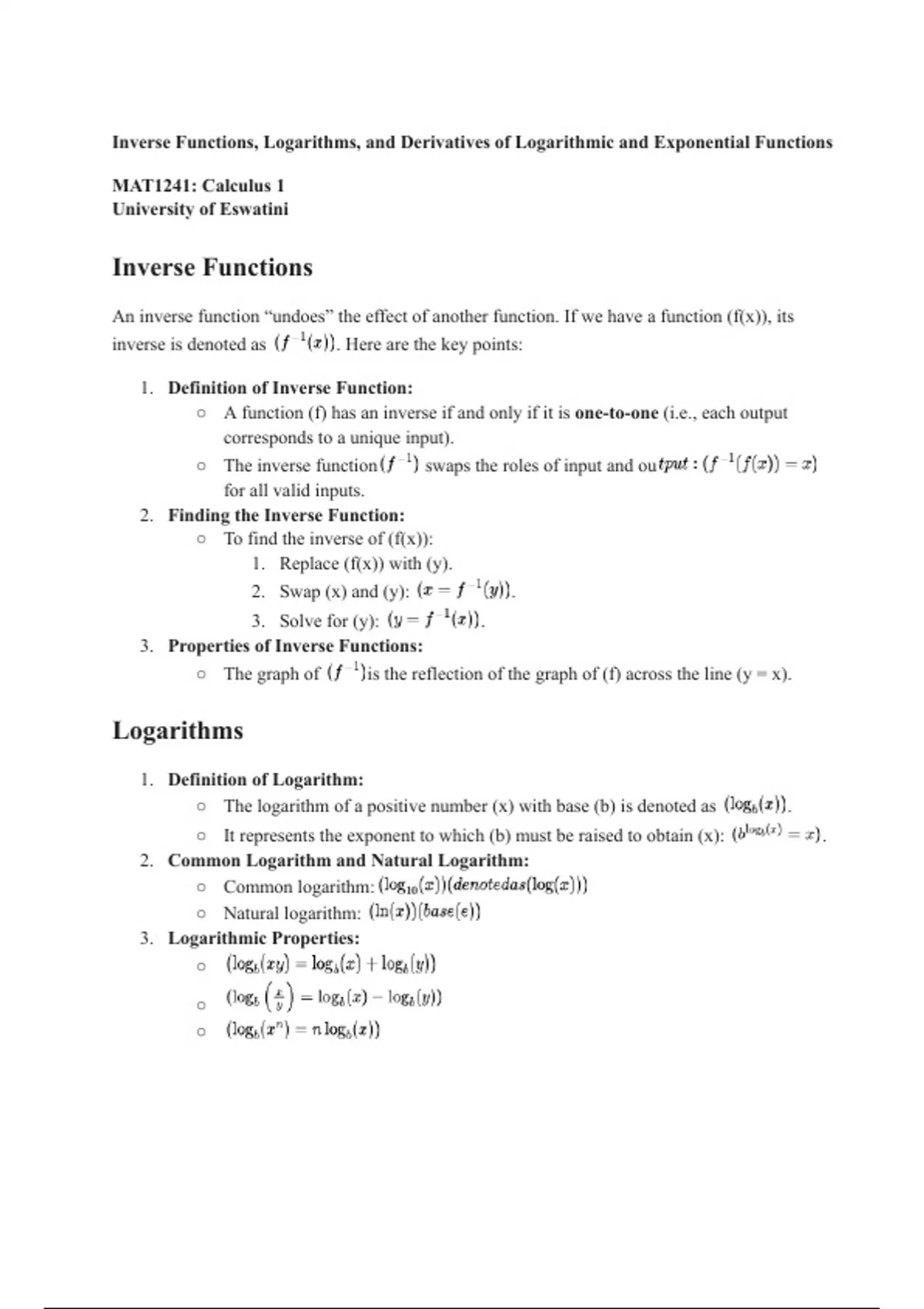 Inverse Functions, Logarithms, and Derivatives of Logarithmic and Exponential Functions ...
