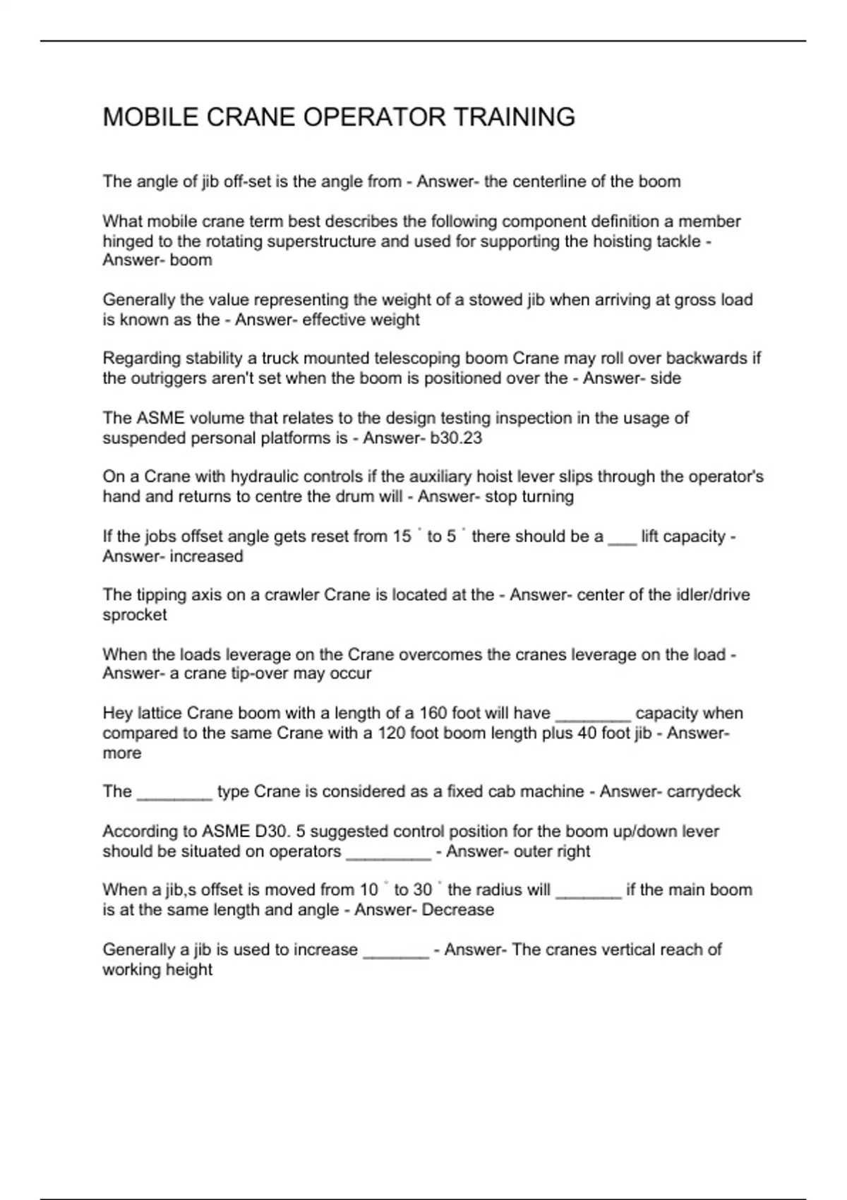 MOBILE CRANE OPERATOR TRAINING - Mobile crane operator training - Stuvia US