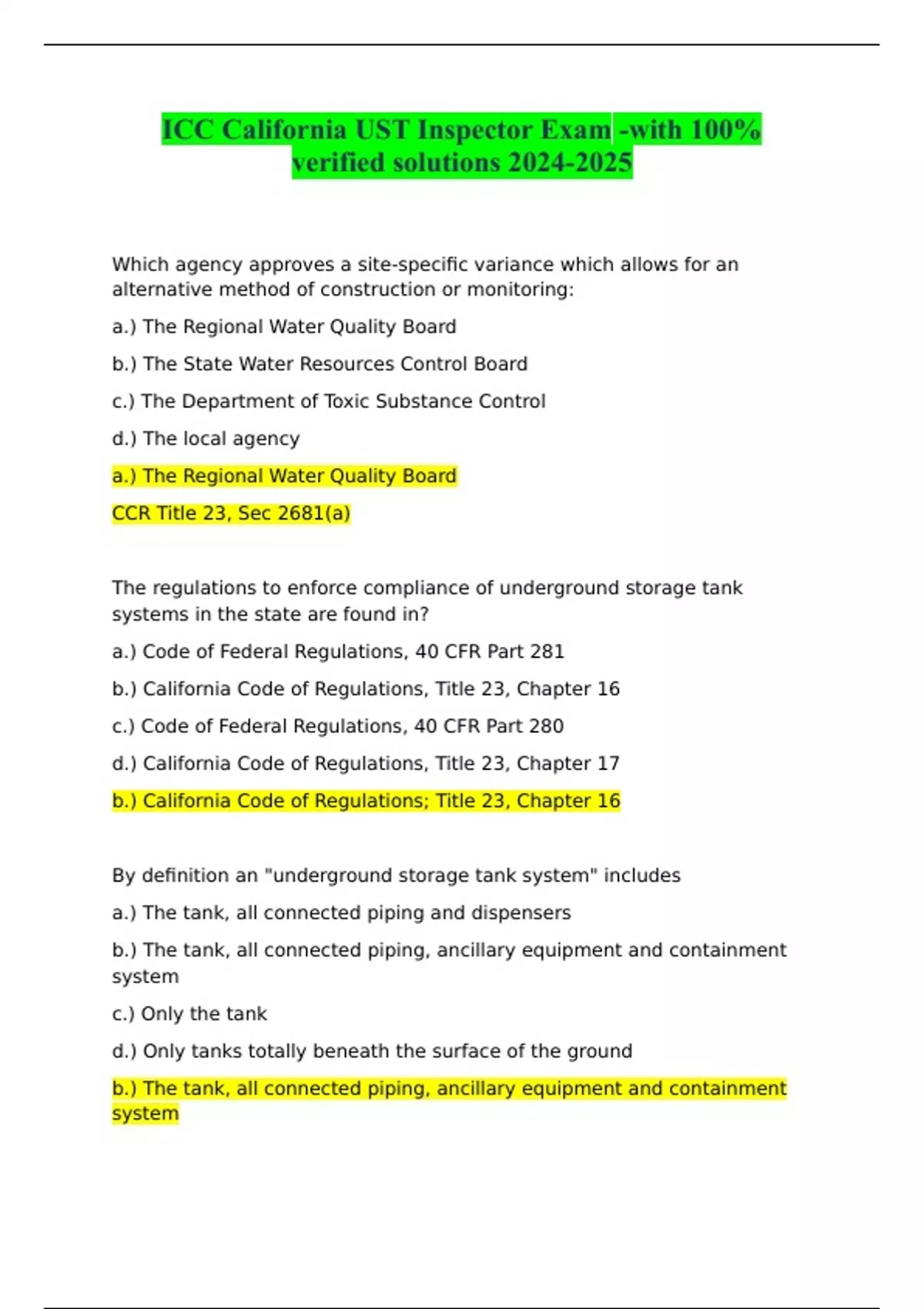 ICC California UST Inspector Exam -with 100% verified solutions - ICC ...