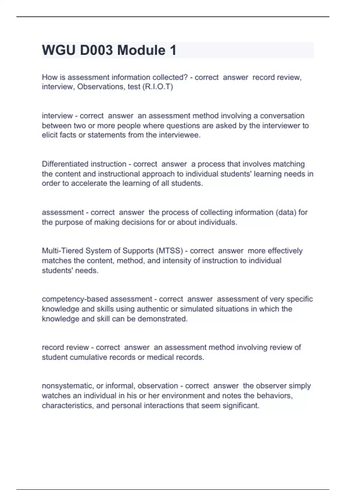 WGU D003 Module 1 Question and answers already passed 2024 - WGU D001 - Stuvia US