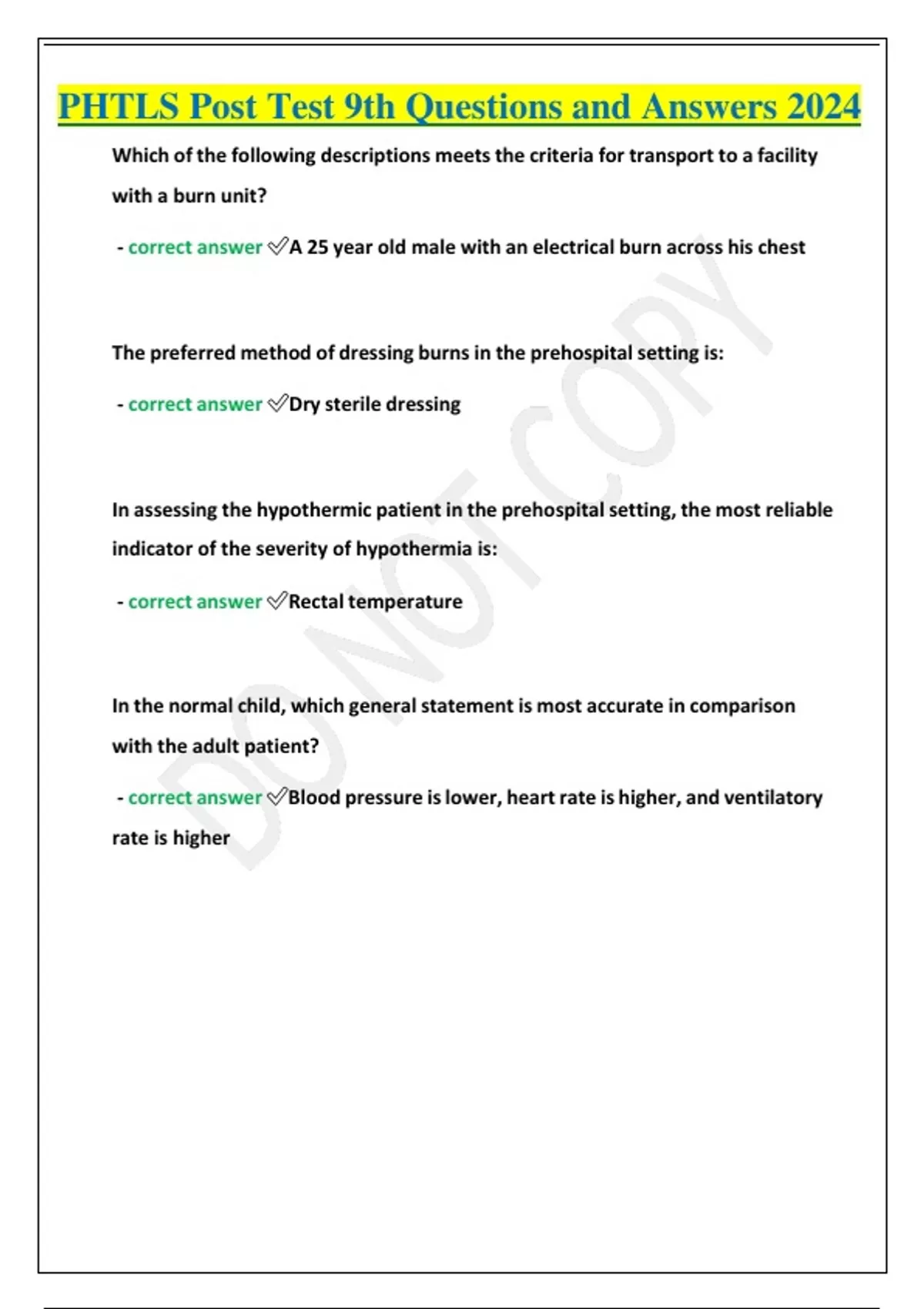PHTLS Post Test 9th Questions and Answers 2024. - PHTLS - Stuvia US