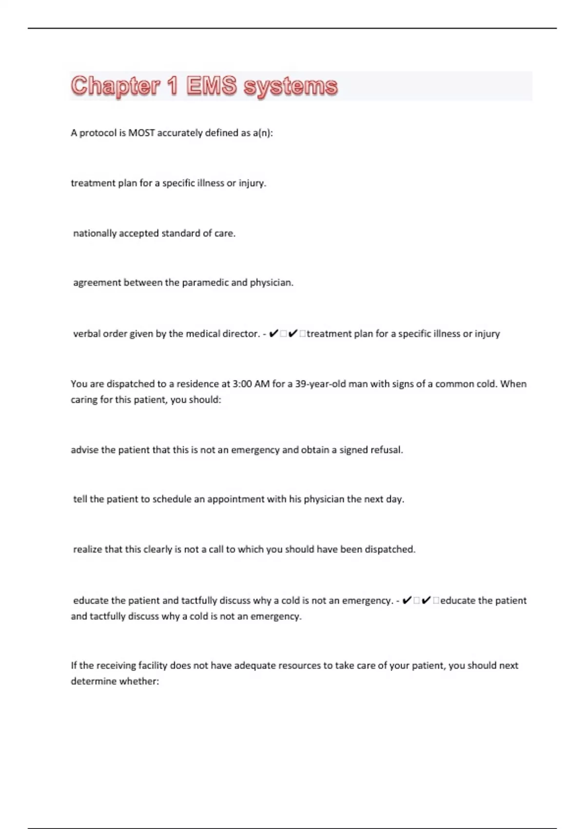 Chapter 1 EMS systems 50 Questions With Correct Answers - EMS - Stuvia US