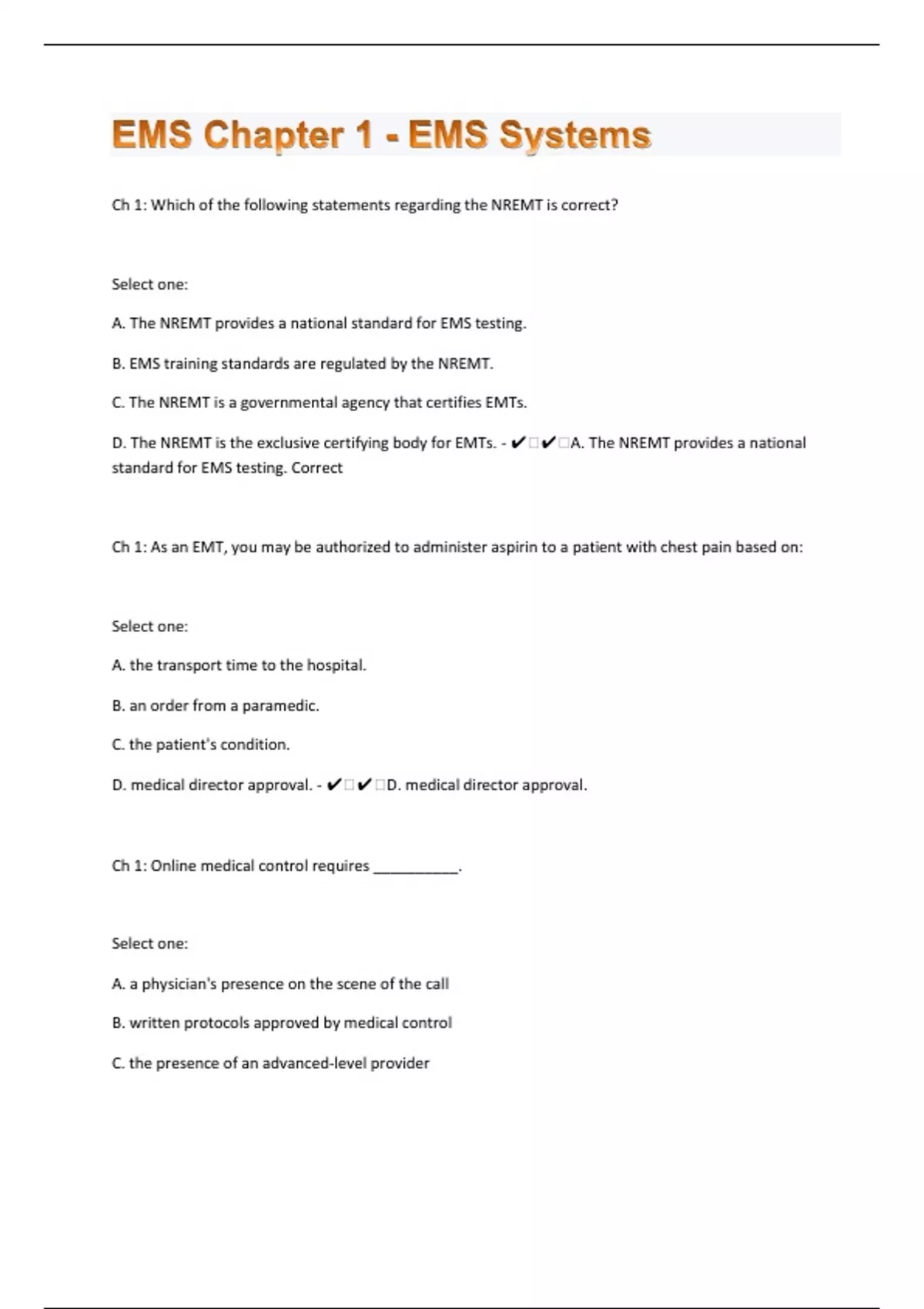 EMS Chapter 1 - EMS Systems 85 Questions With Complete Solutions - EMS - Stuvia US
