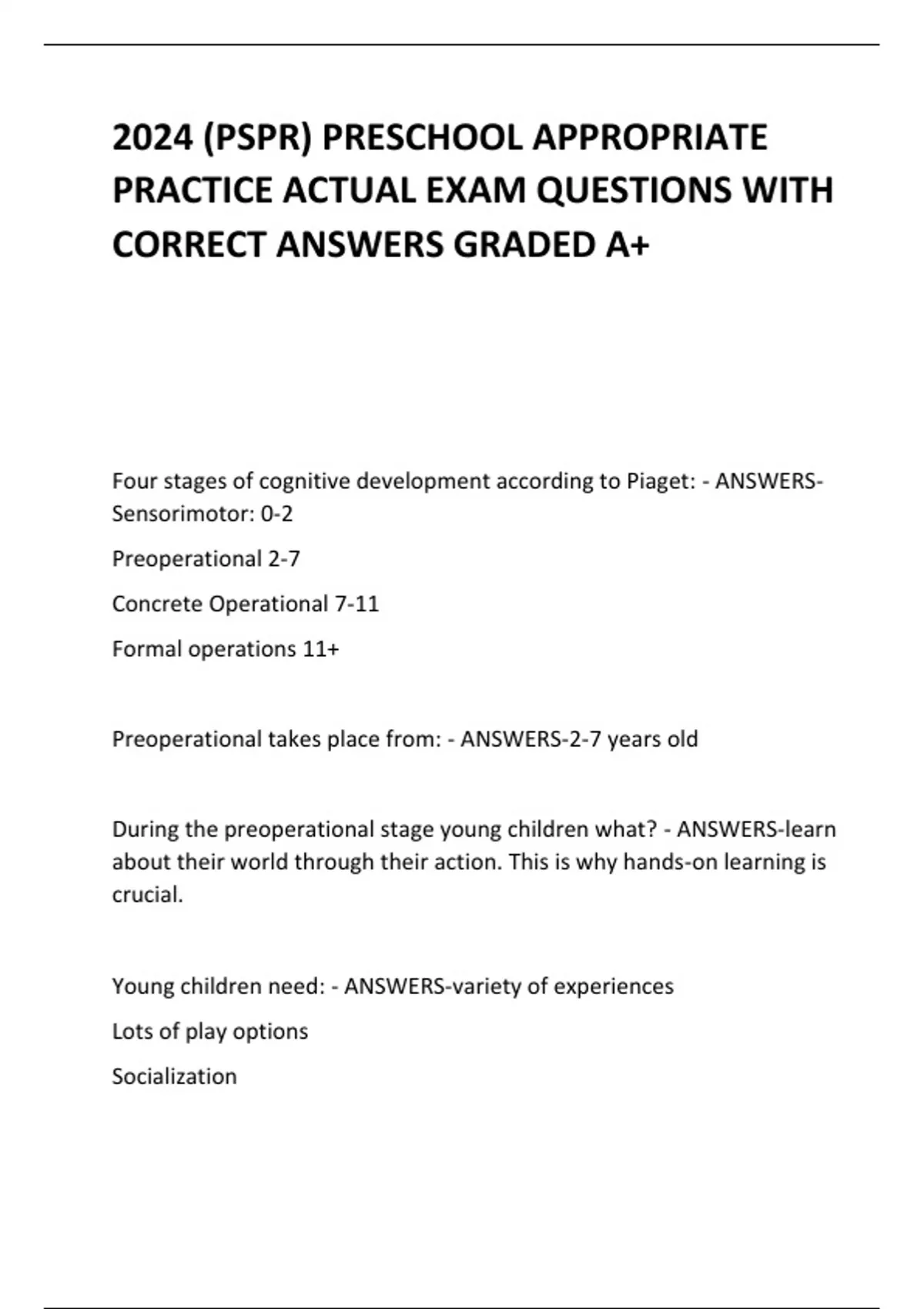 2024 (PSPR) PRESCHOOL APPROPRIATE PRACTICE ACTUAL EXAM QUESTIONS WITH ...