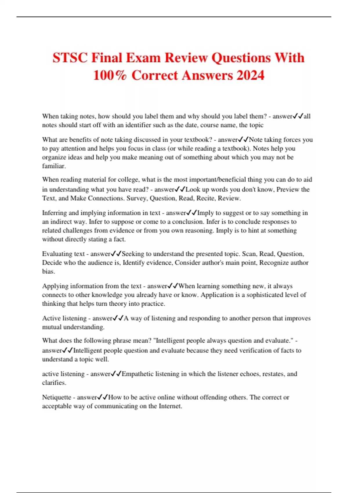 STSC Final Exam Review Questions With 100% Correct Answers 2024 - Stsc ...