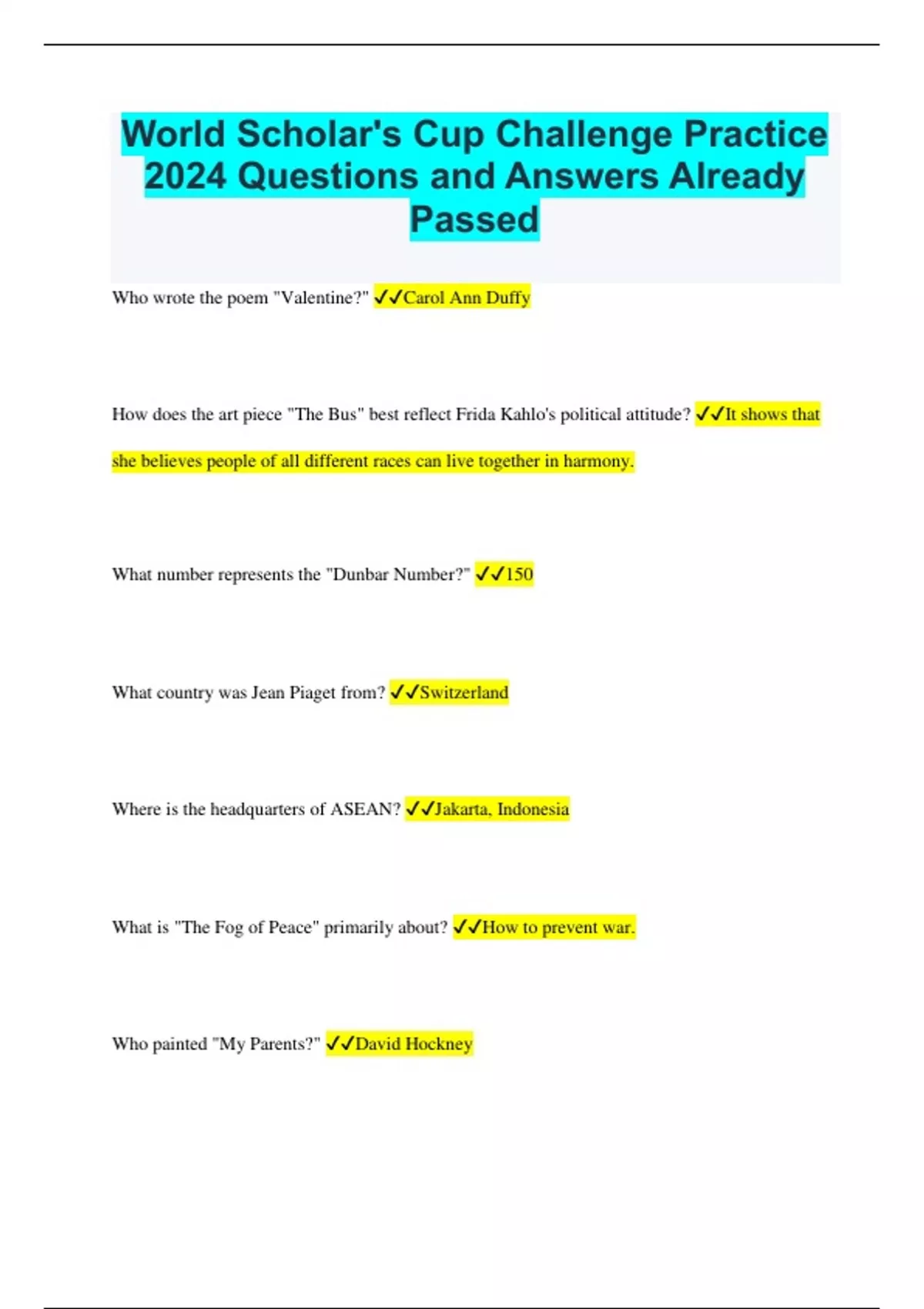 World Scholar's Cup Challenge Practice 2024 Questions and Answers ...