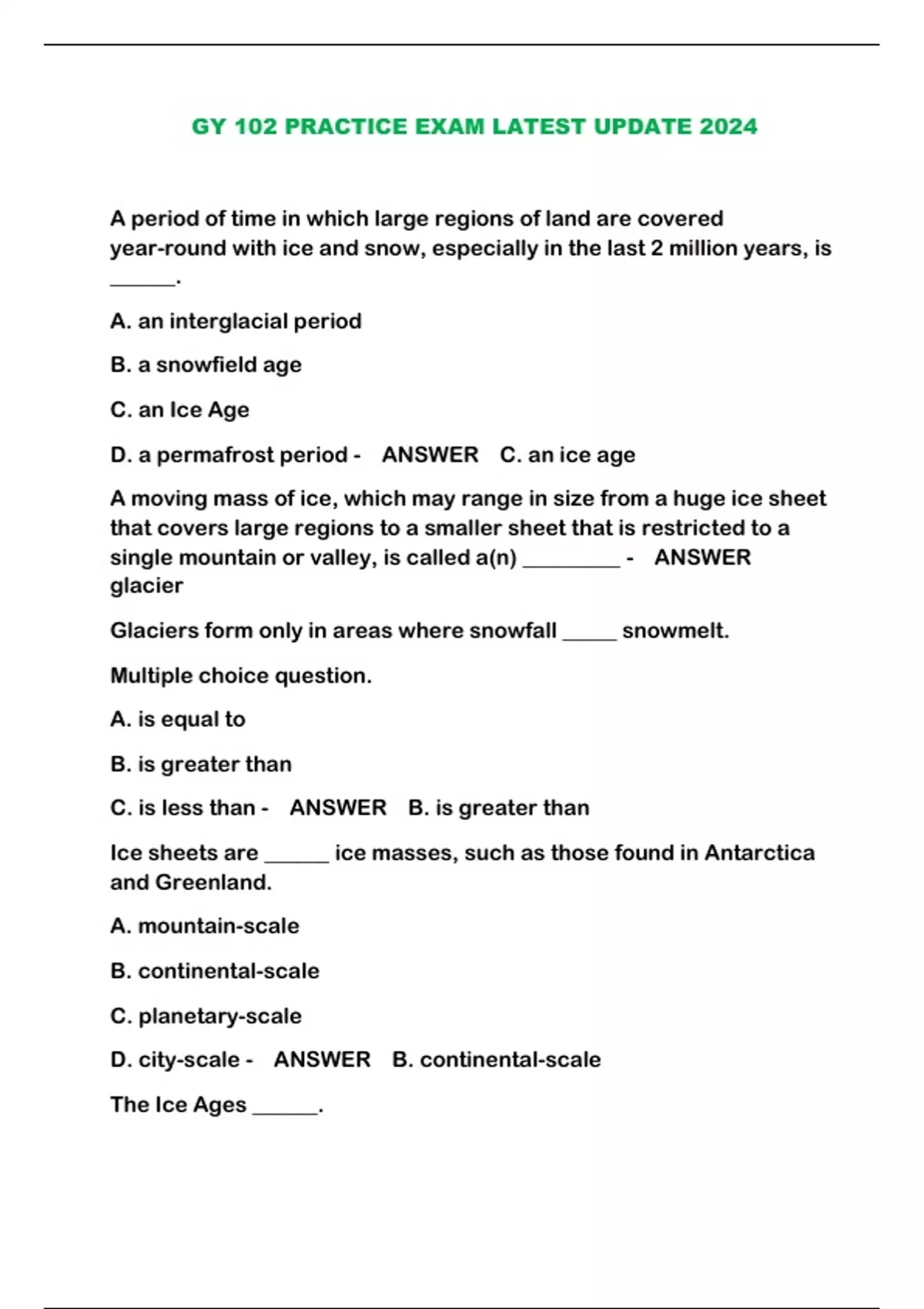 GY 102 PRACTICE EXAM LATEST UPDATE 2024 - GY 102 - Stuvia US