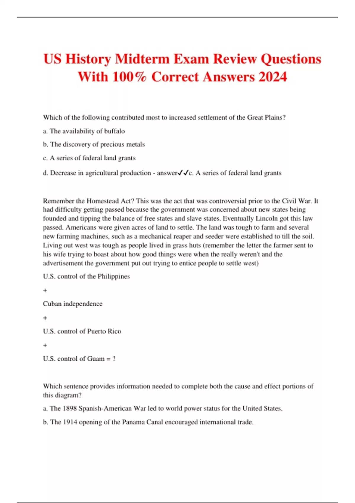 US History Midterm Exam Review Questions With 100% Correct Answers 2024 ...