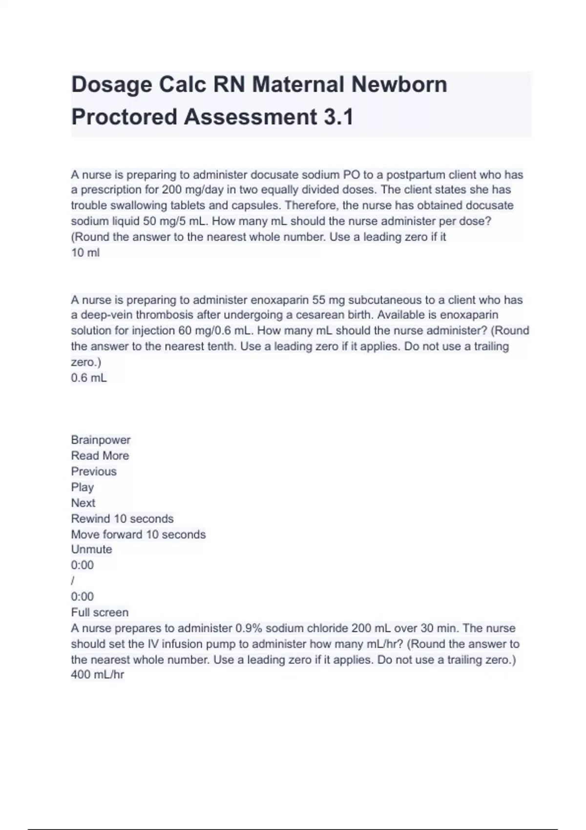 Dosage Calc RN Maternal Newborn Proctored Assessment 3.1 Exam 2024/2025 ...
