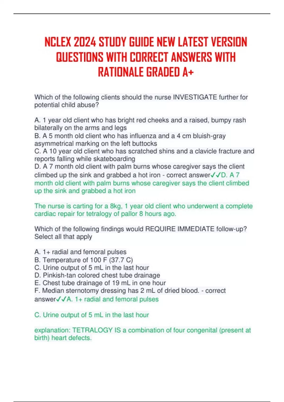 NCLEX 2024 STUDY GUIDE NEW LATEST VERSION QUESTIONS WITH CORRECT ...