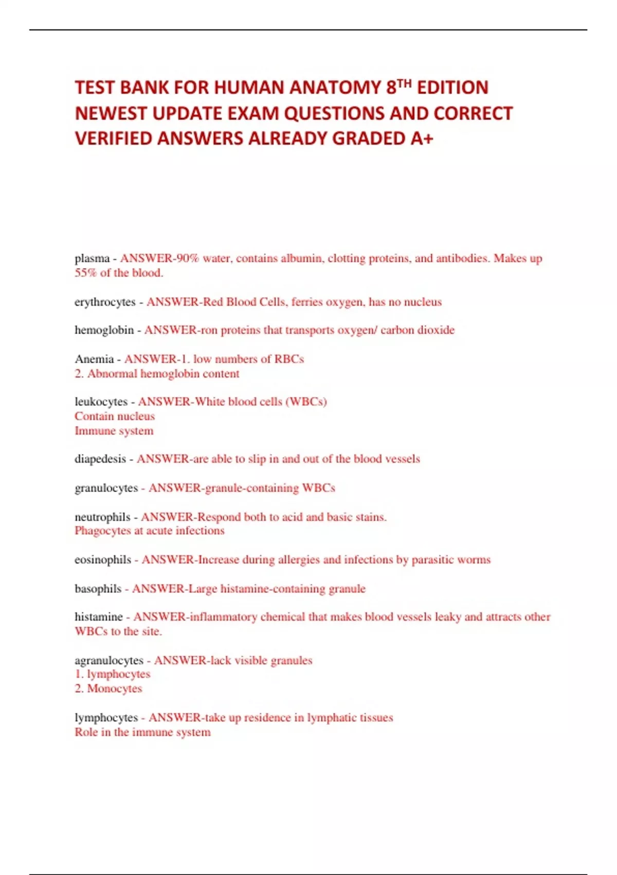 TEST BANK FOR HUMAN ANATOMY 8TH EDITION NEWEST UPDATE EXAM QUESTIONS ...