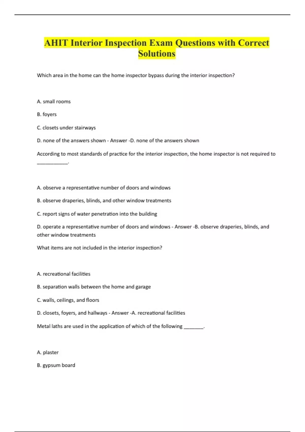 AHIT Interior Inspection Exam Questions with Correct Solutions - Home ...