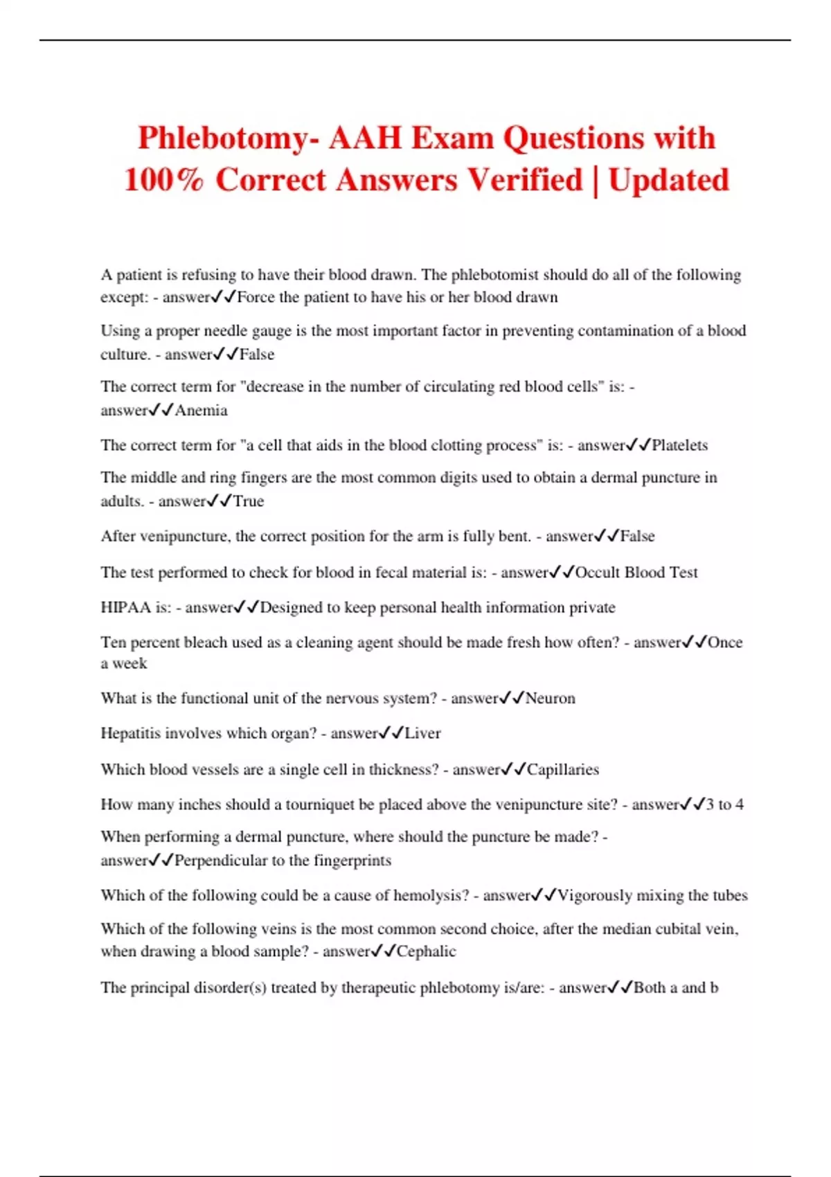 Phlebotomy- AAH Exam Questions with 100% Correct Answers Verified ...