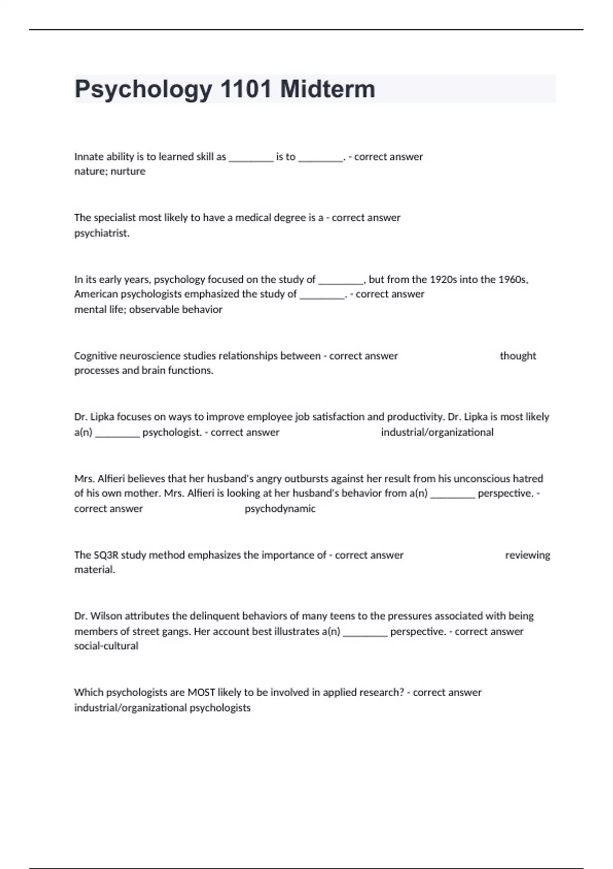 Psychology 1101 Midterm Complete Assignment With Verified Answers 100% ...